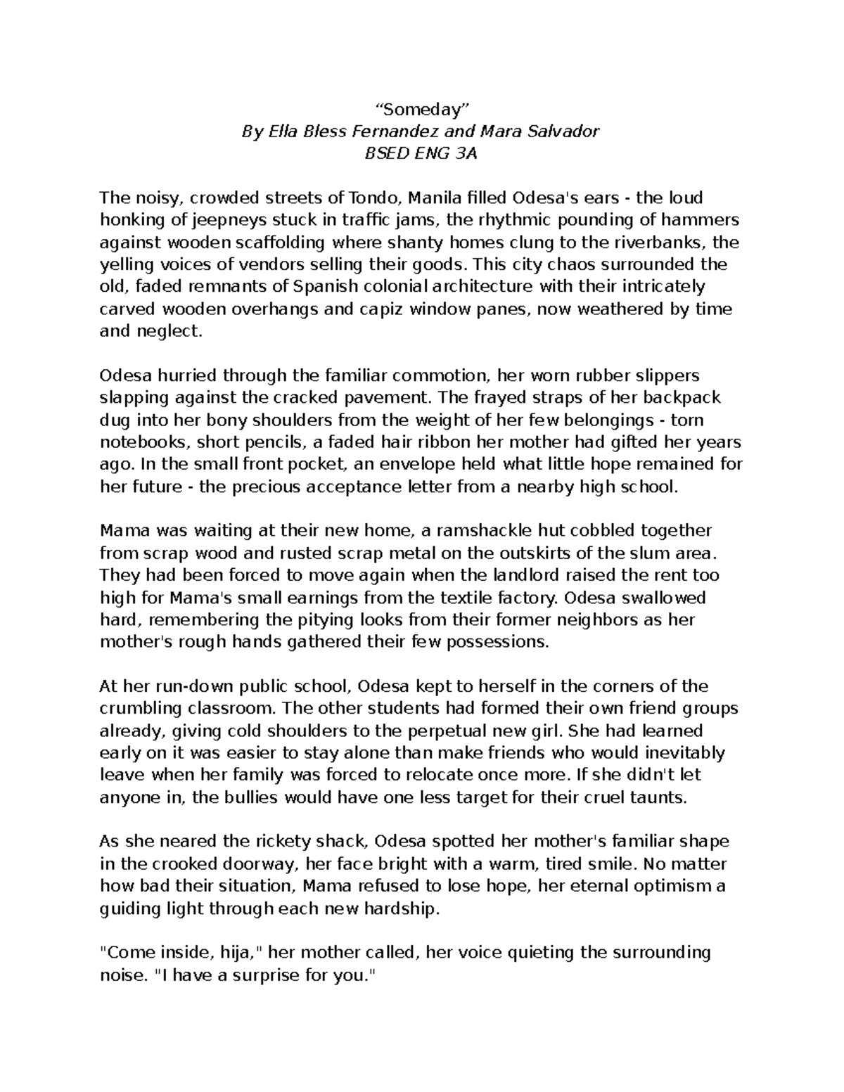 Short Realism Story - “Someday” By Ella Bless Fernandez and Mara ...