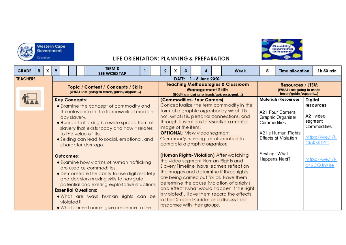 Lesson Plan GET SP Grade 8 Life Orientation Term 2 Week 8 - LIFE ...