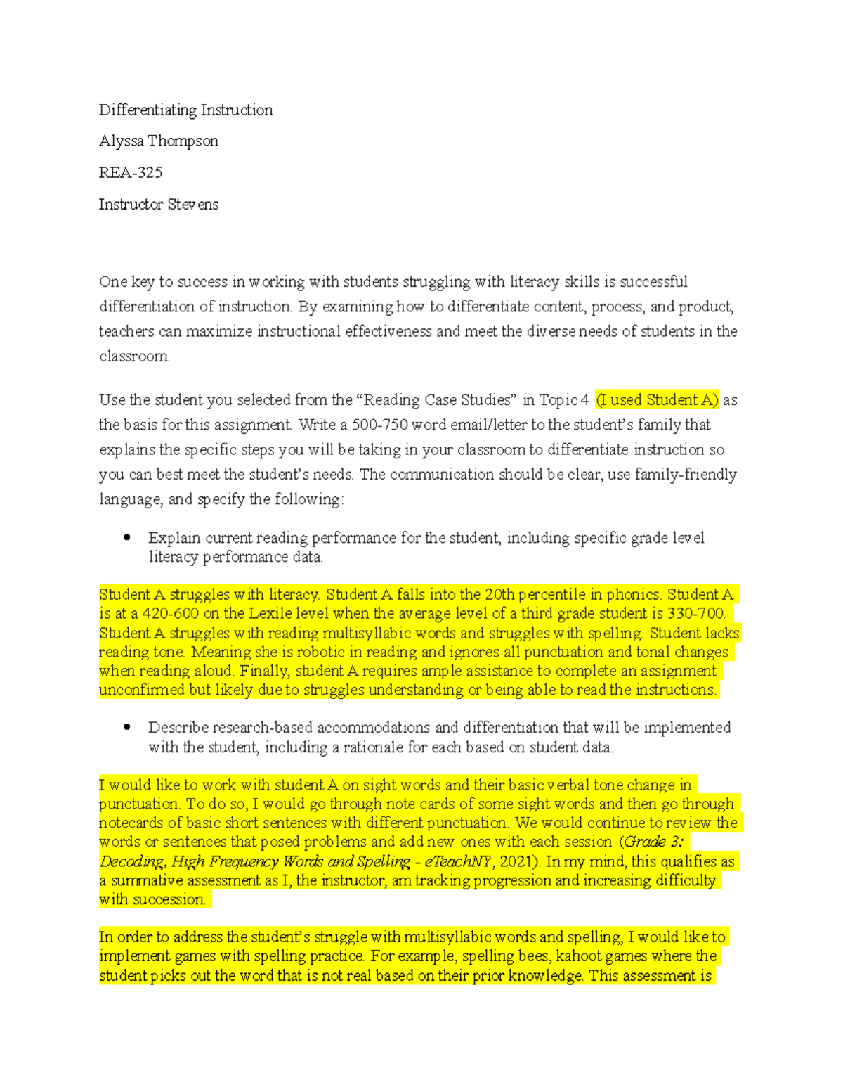 Letter to parents topic 6 REA-325 Thompson Alyssa - Differentiating ...