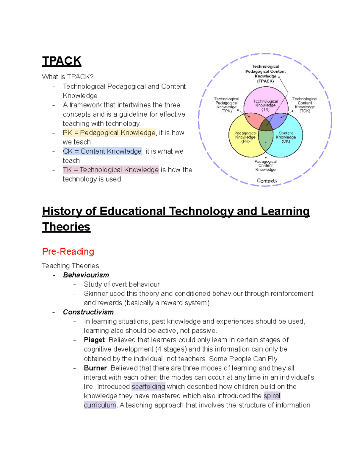 Study Notes for Edu Midterm - TPACK What is TPACK? - Technological ...