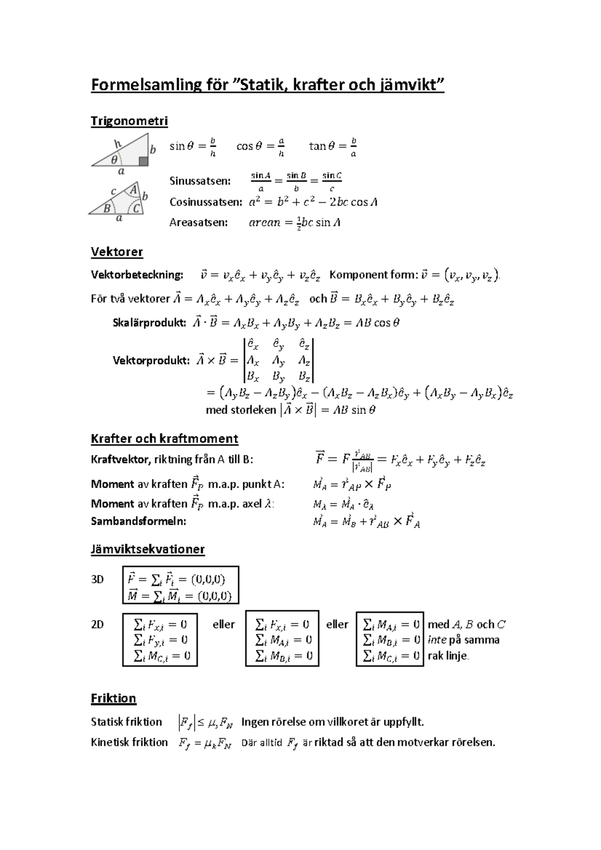 FYA014 - Formelsamling VT23 - FYA012 - Studocu