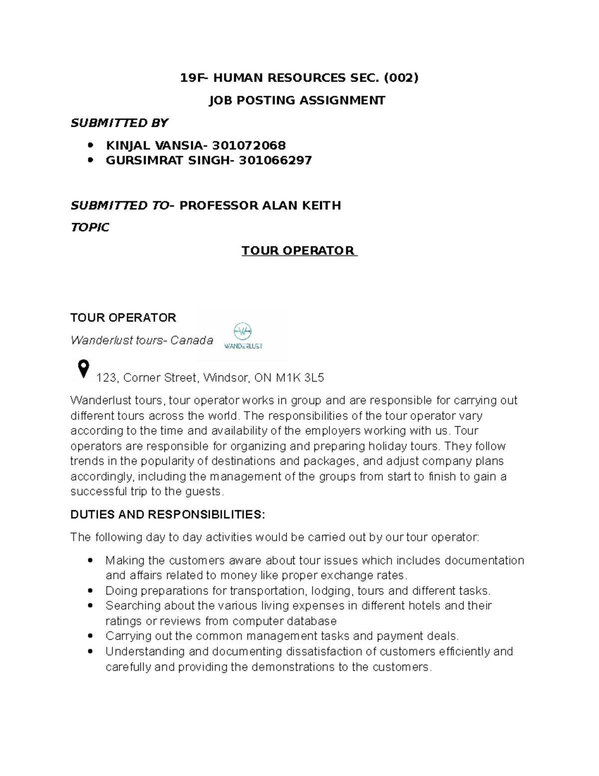 Tour Operator group assignment - 19 F- HUMAN RESOURCES SEC. ( 002 ) JOB ...