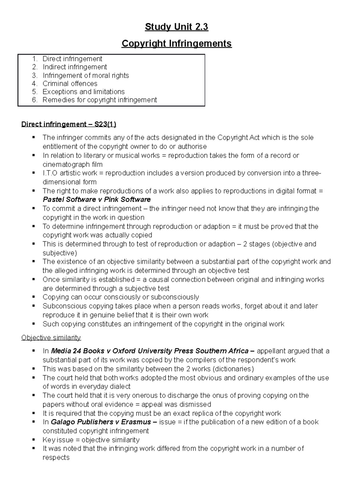 Study Unit 2.3 - IURI 422 - Study Unit 2. Copyright Infringements Direct infringement Indirect ...