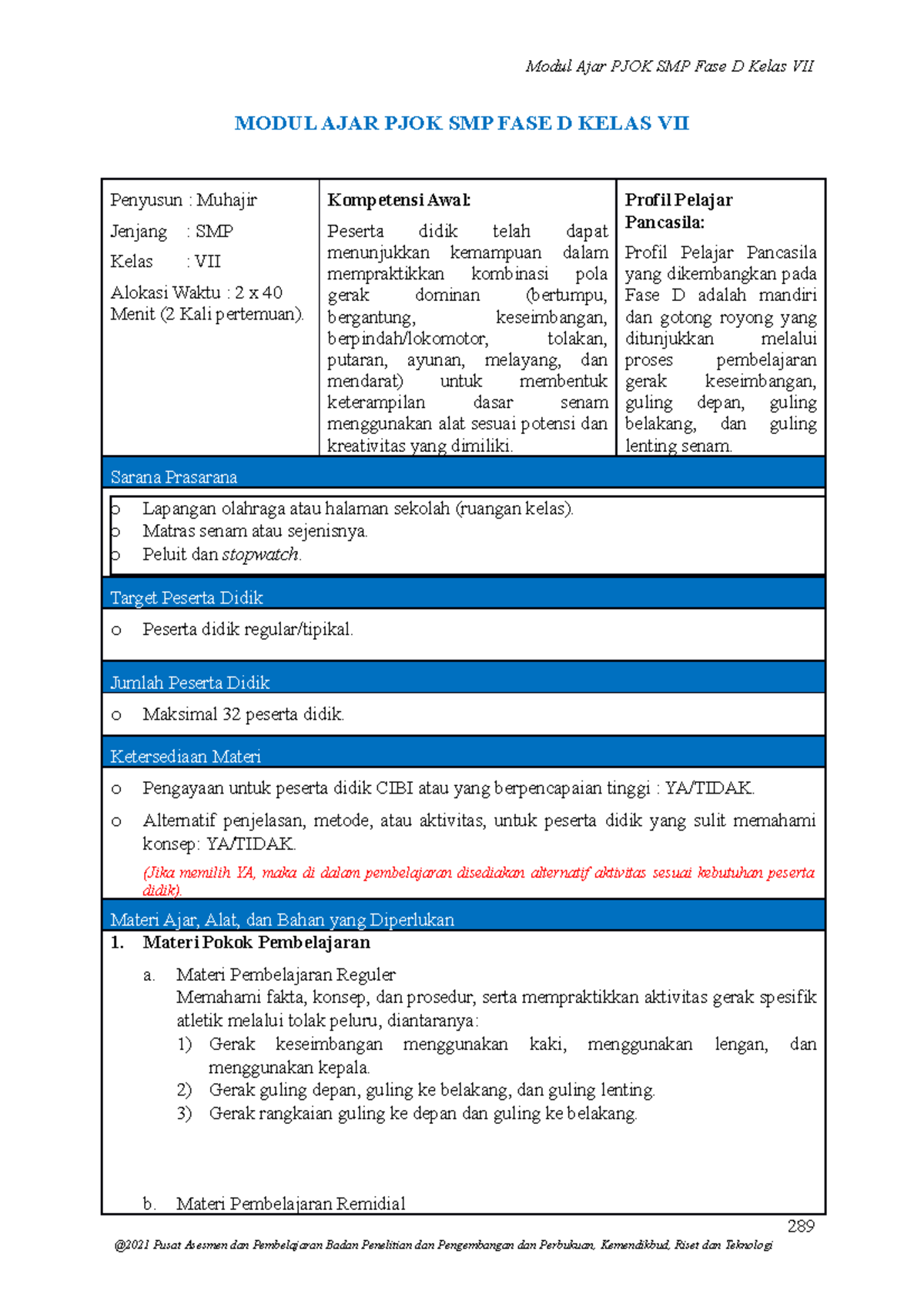 10 Modul AJAR Aktivitas Senam 27 07 2021 - MODUL AJAR PJOK SMP FASE D ...