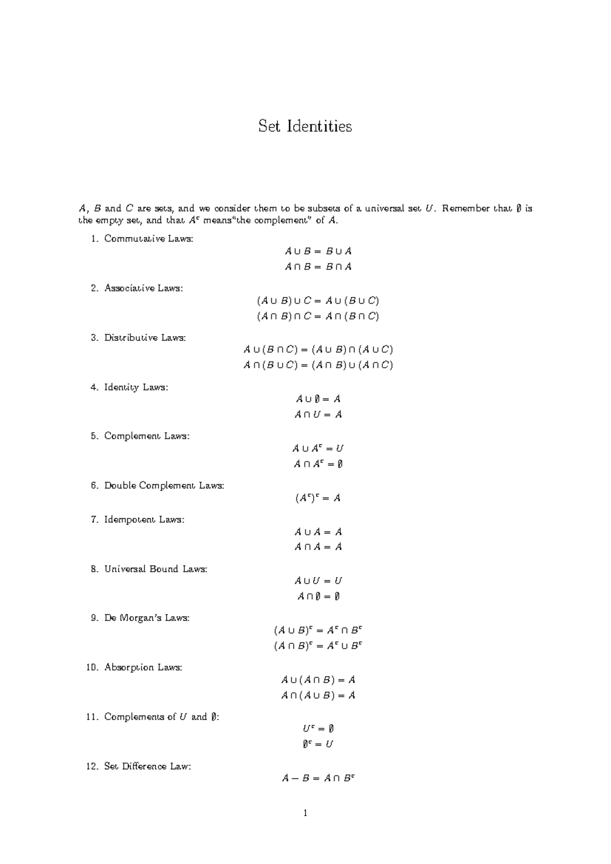 Sets Laws - nil - Set Identities A, B and C are sets, and we consider ...
