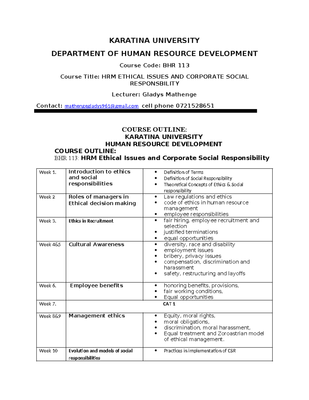 BHR 113 Course Outline Ethics sep 2023 and topic one - KARATINA ...