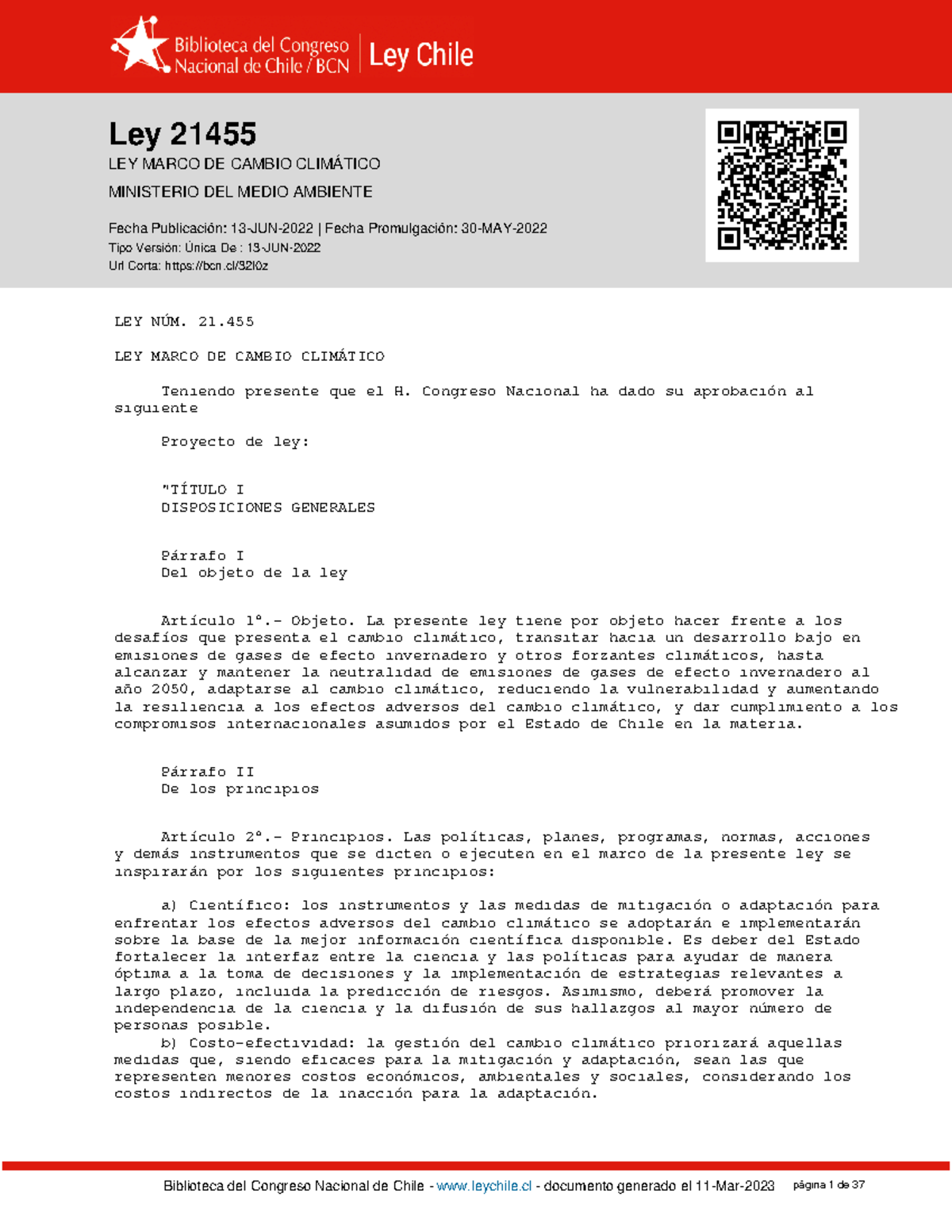 Ley-21455 13-JUN-2022 - Ley 21455 LEY MARCO DE CAMBIO CLIMÁTICO MINISTERIO DEL MEDIO AMBIENTE ...