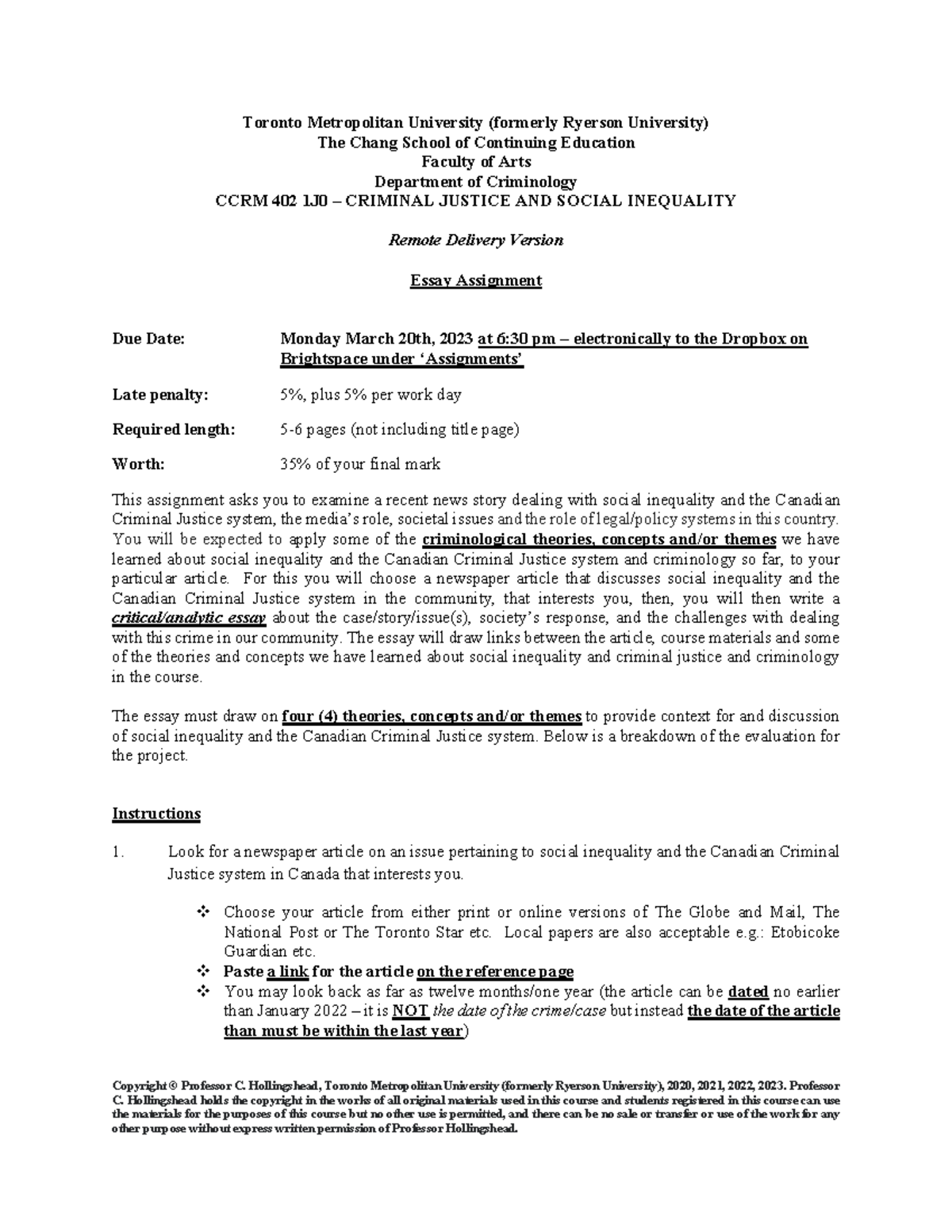 CCRM 402 1J0 Essay Assignment Winter 2023 - Copyright © Professor C ...