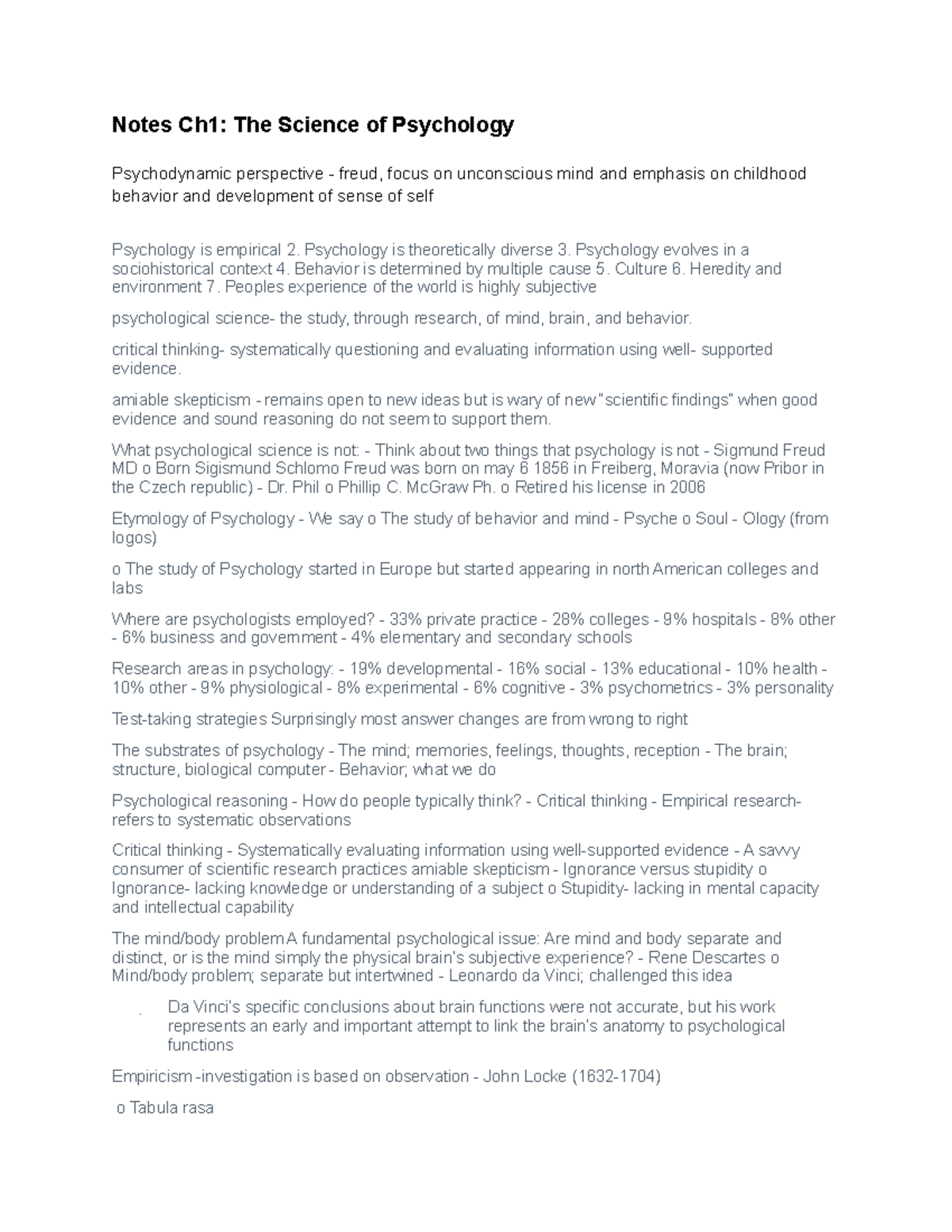 Psychology 6e, chapter 1 notes - Notes Ch1: The Science of Psychology ...