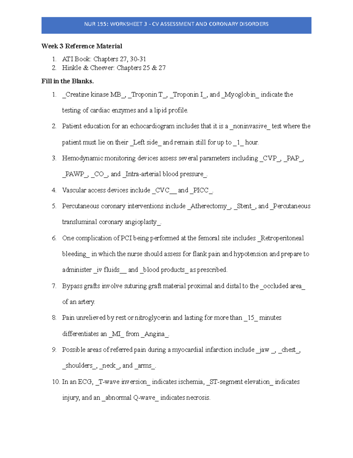 Worksheet 3 - CV assessment and coronary disorders - Week 3 Reference ...
