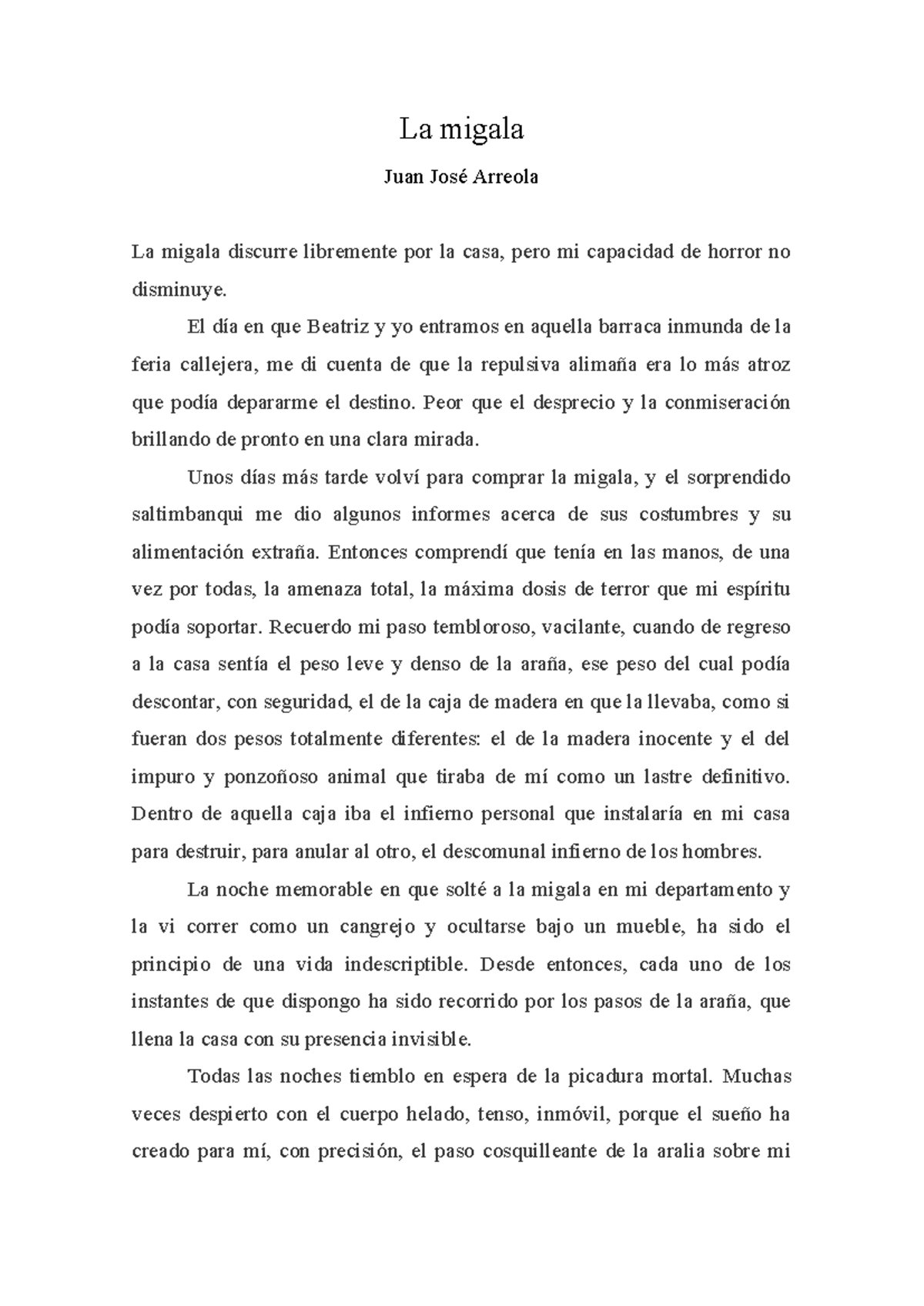 Cuentos para analizar - La migala Juan José Arreola La migala discurre ...