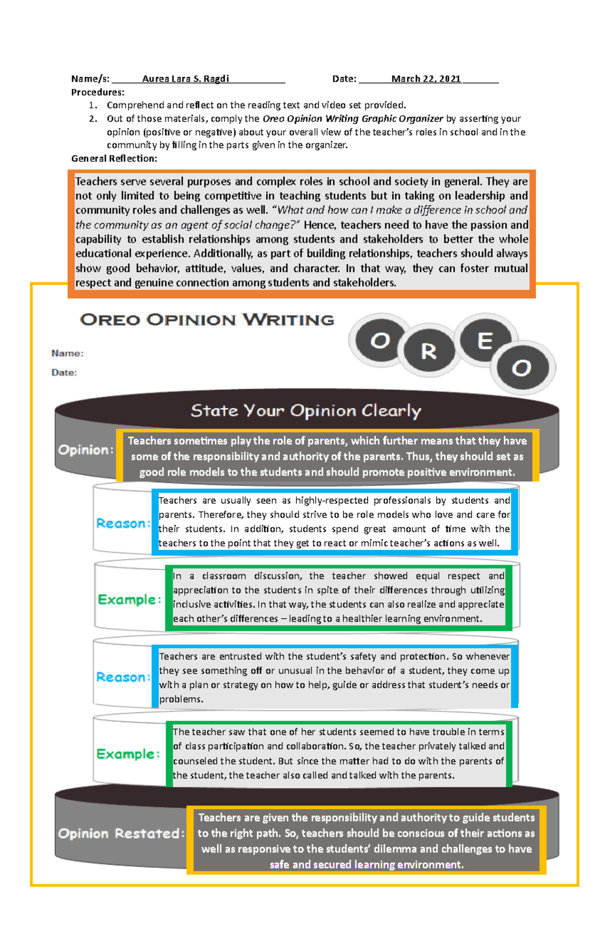 Oreo Opinion Writing - PED 10 - Name/s: Aurea Lara S. Ragdi Date: March ...