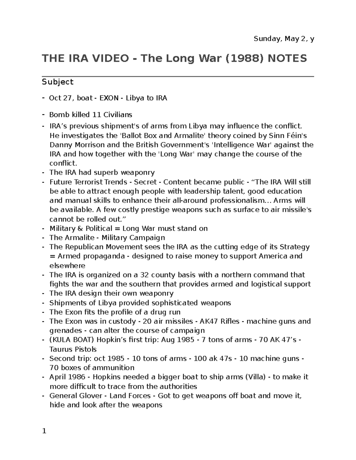 IRA video notes - Sunday, May 2, y THE IRA VIDEO The Long War (1988 ...