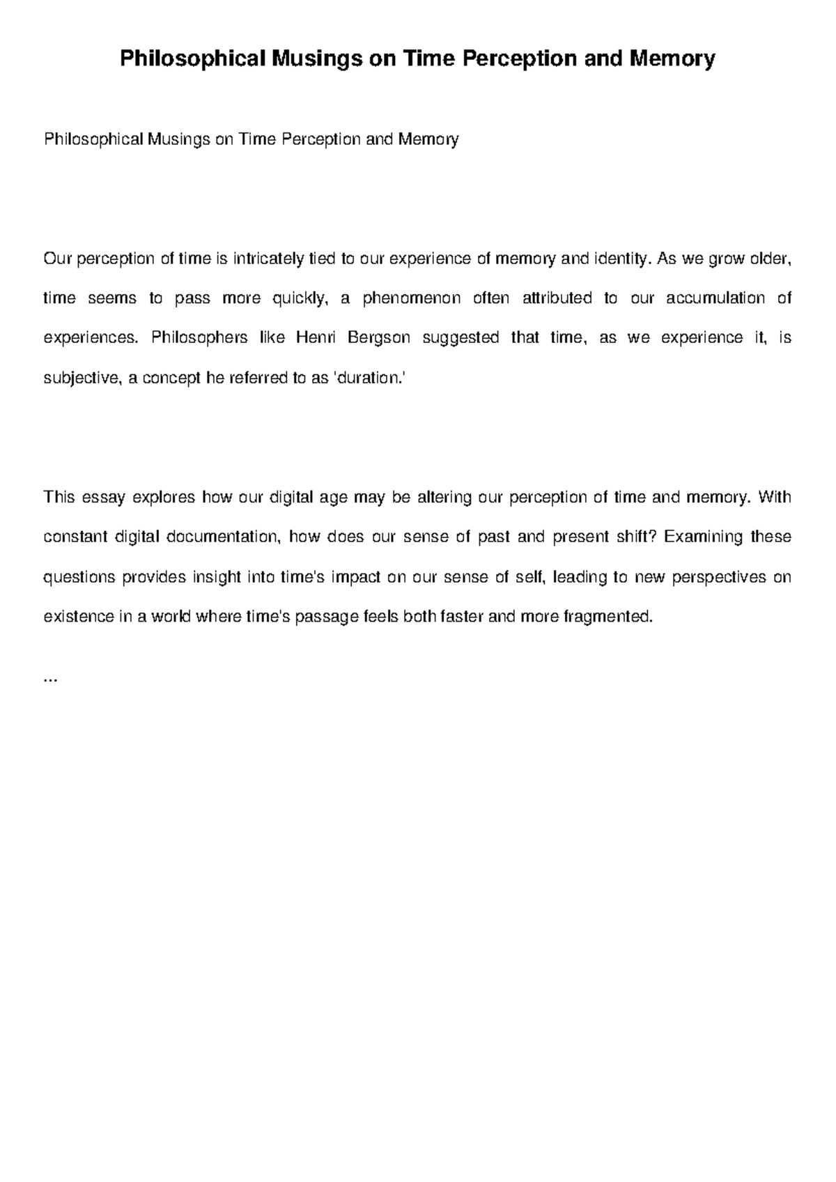 Philosophy essay fixed - Philosophical Musings on Time Perception and Memory Philosophical ...