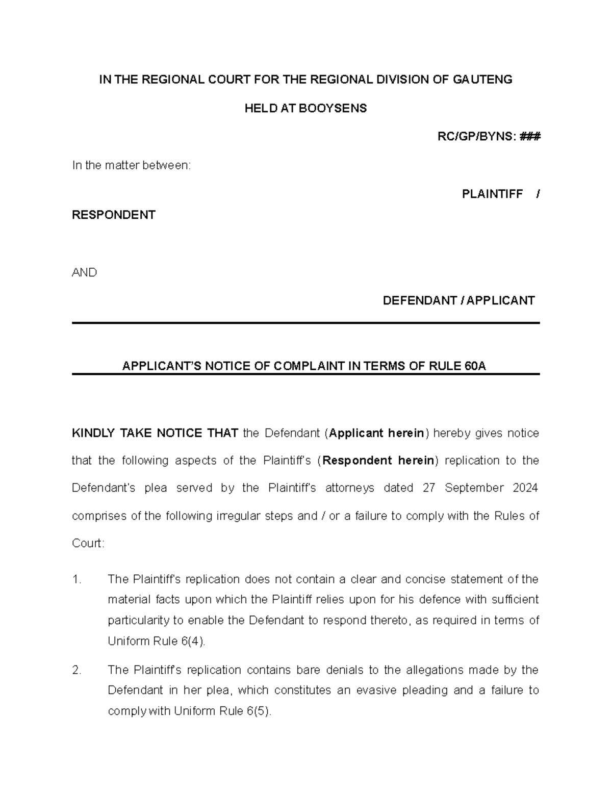 MCA - RULE 60A Notice Template - IN THE REGIONAL COURT FOR THE REGIONAL ...