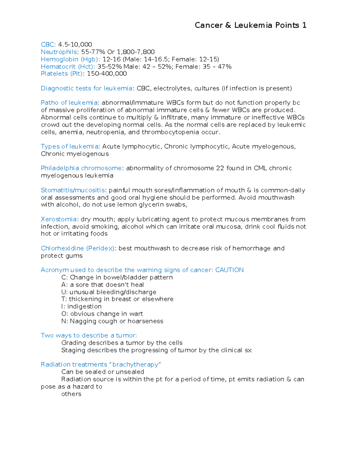 Leukemia Cancer key points - Cancer & Leukemia Points 1 CBC: 4-10 ...
