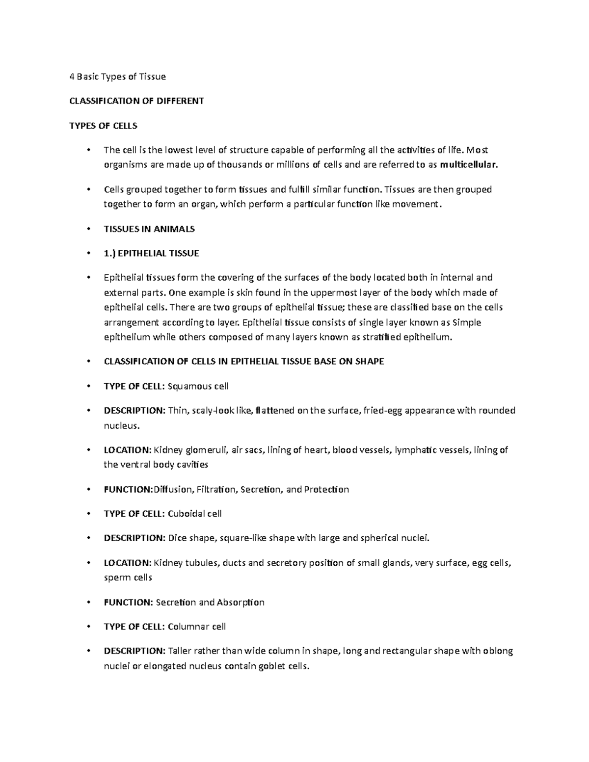 4 Basic Types of Tissue - Lecture notes 2 - 4 Basic Types of Tissue ...