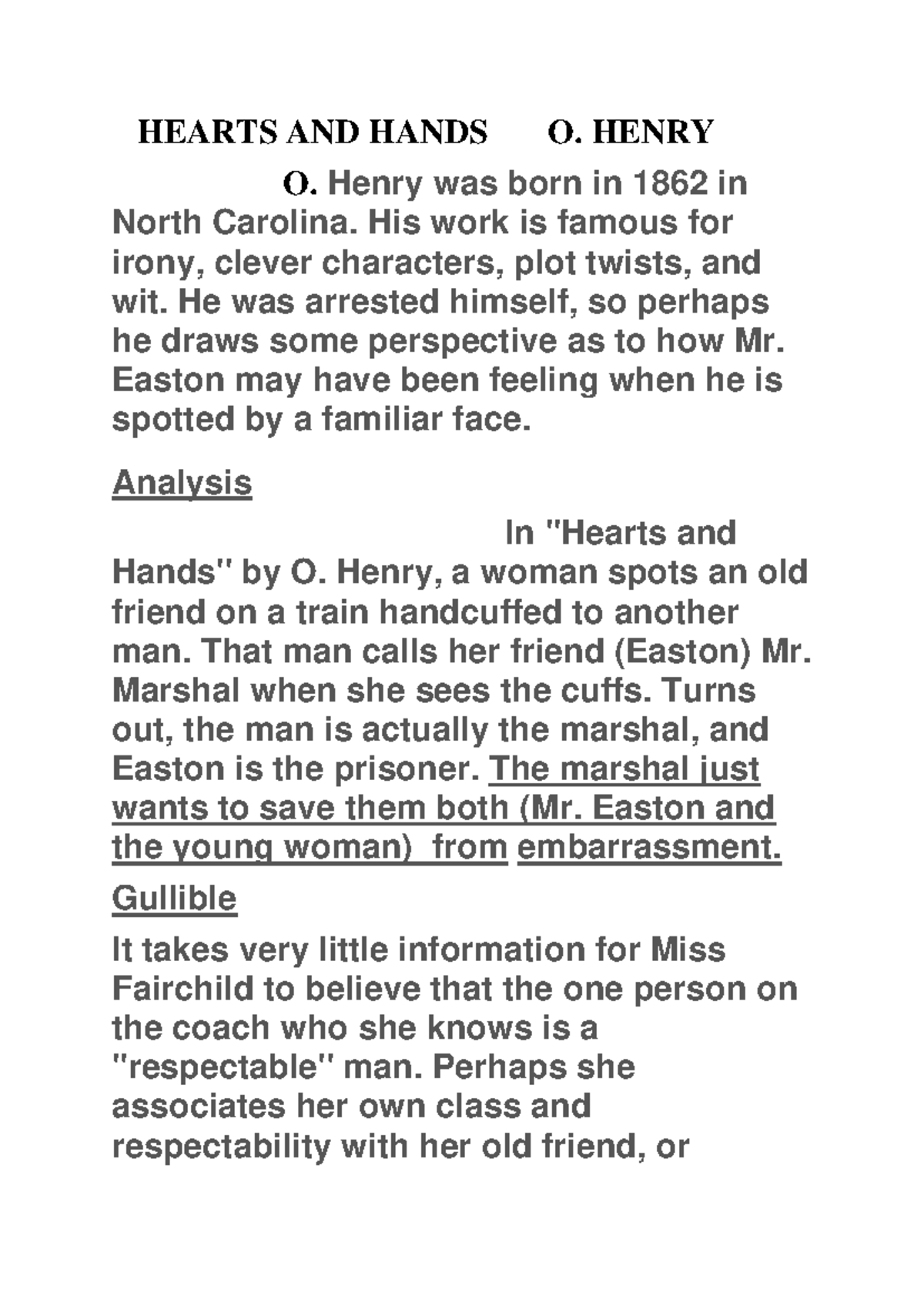 Hearts AND Hands O - Birthday - HEARTS AND HANDS O. HENRY O. Henry was ...