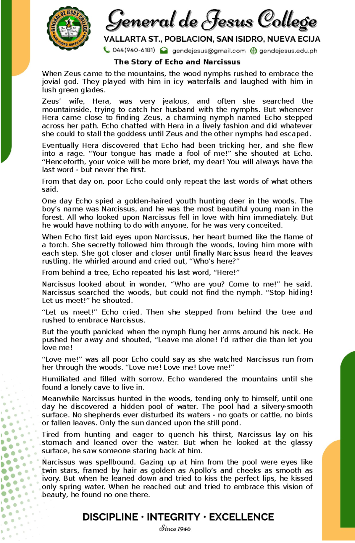 The Story of Echo and Narcissus - They played with him in icy ...