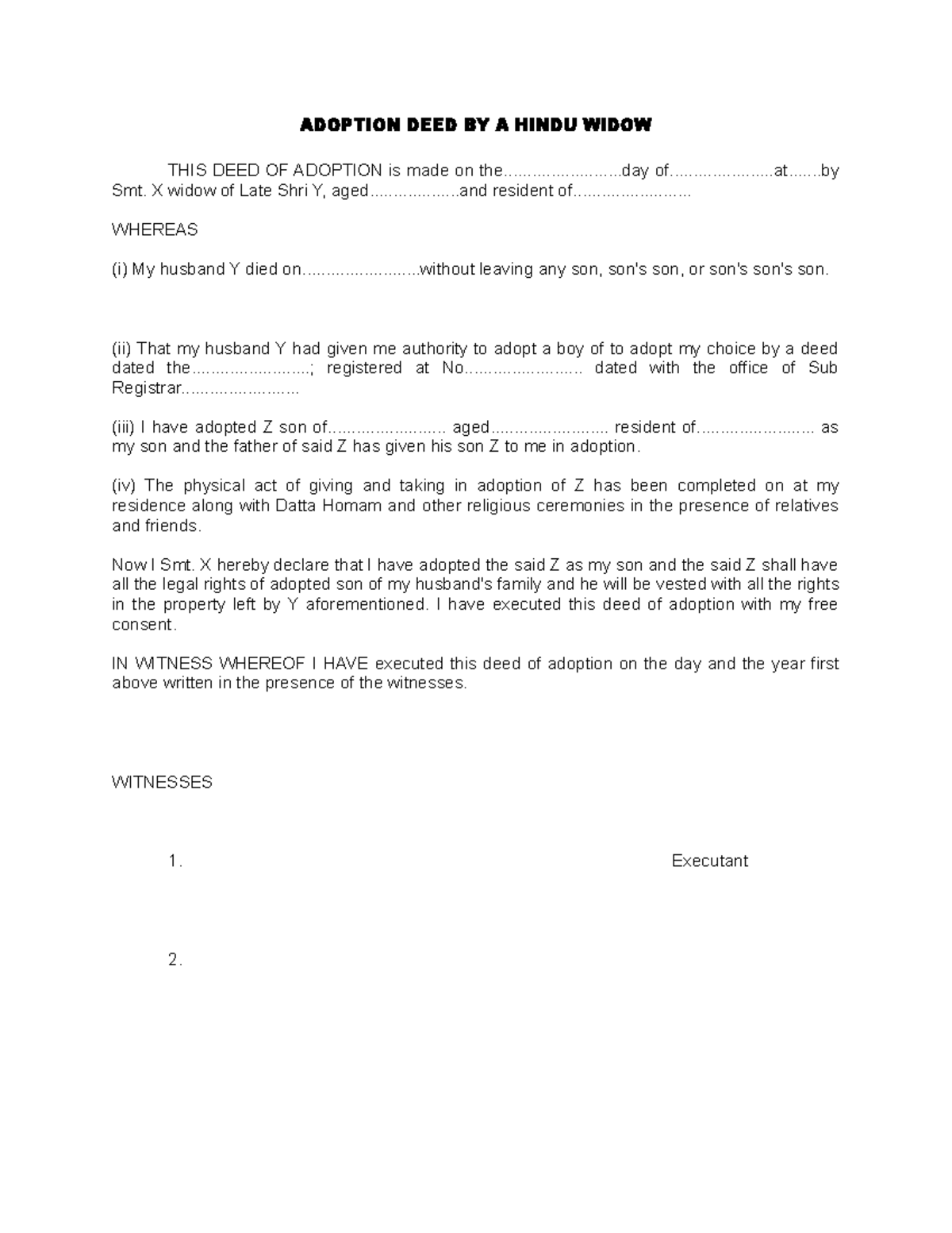 Adoption deed by a hindu widow - ADOPTION DEED BY A HINDU WIDOW THIS ...