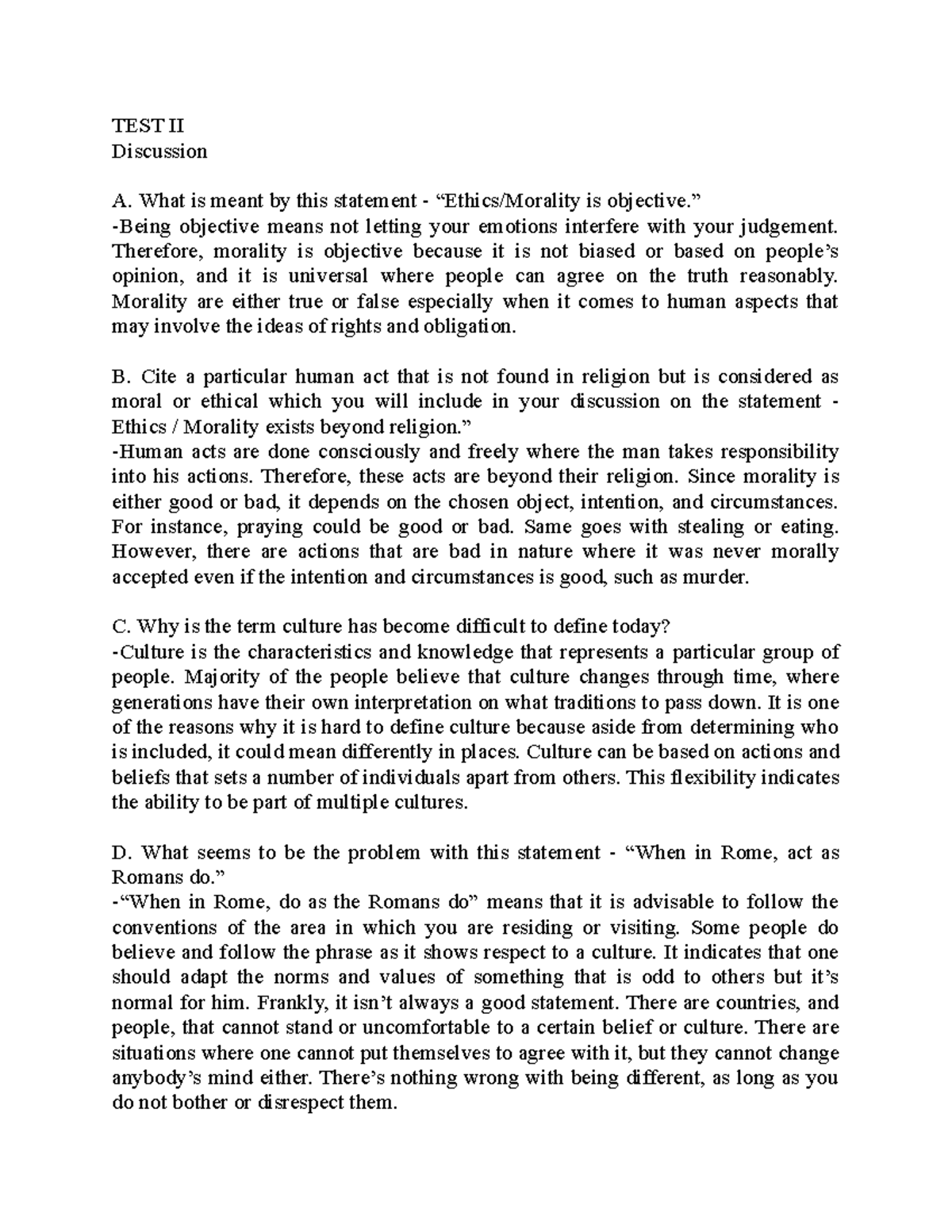 Essay exam 1 - Grade: B+ - TEST II Discussion A. What is meant by this ...