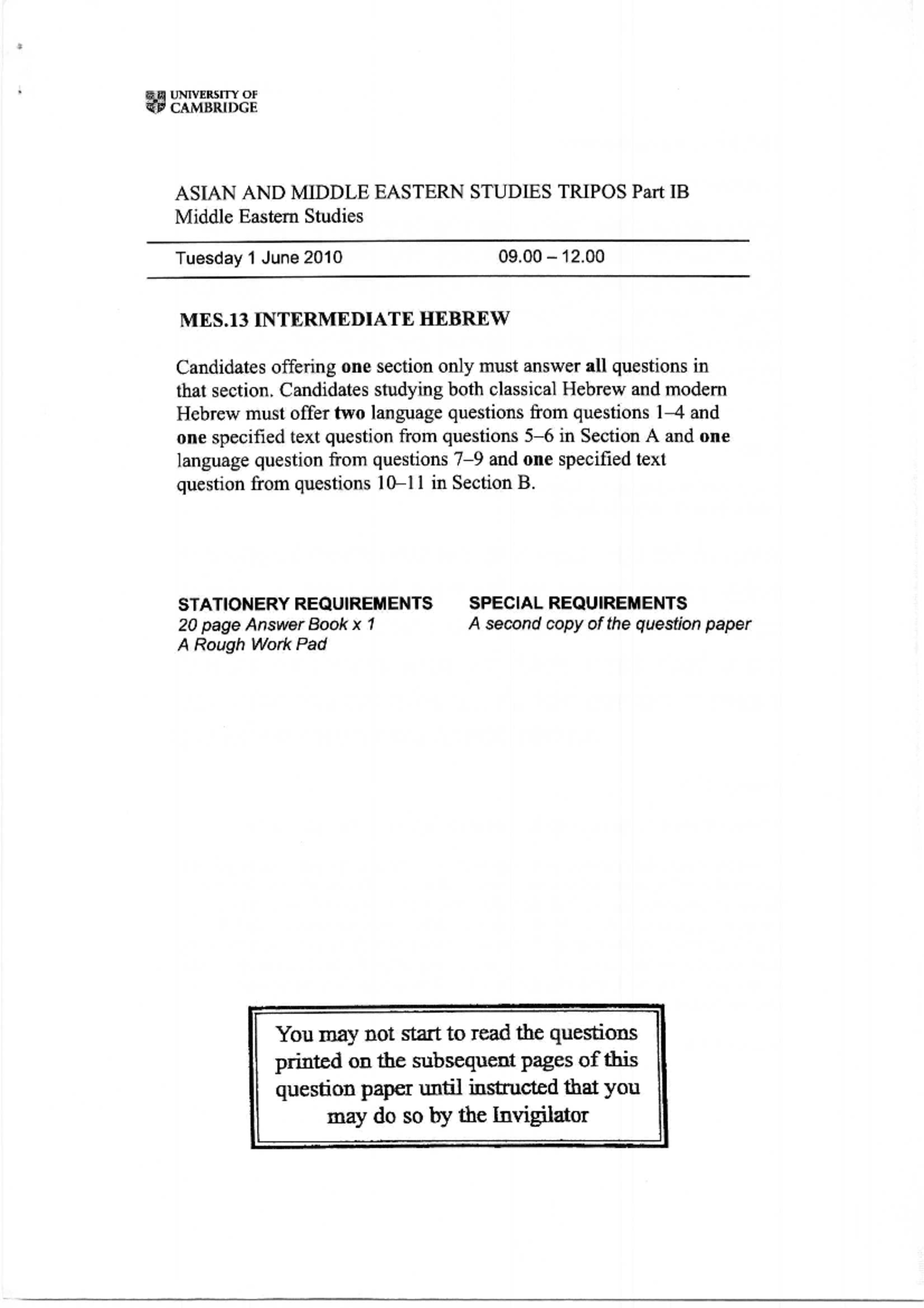 Exam 2010, questions - UNIVERSITY OF CAMBRIDGE ASIAN AND MIDDLE EASTERN ...