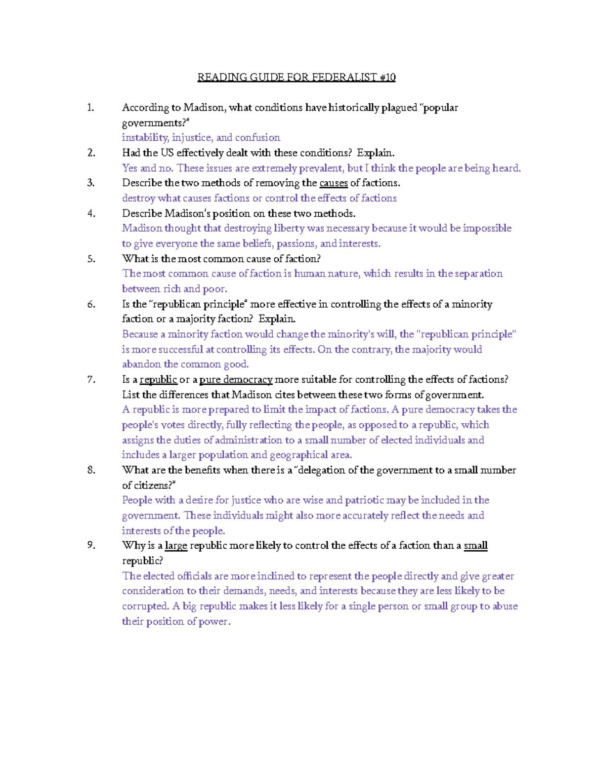 Federalist #10 Questions - READING GUIDE FOR FEDERALIST According to ...
