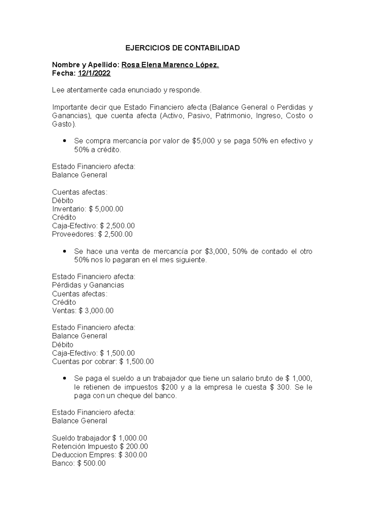 Ejercicios de Contabilidad - EJERCICIOS DE CONTABILIDAD Nombre y ...