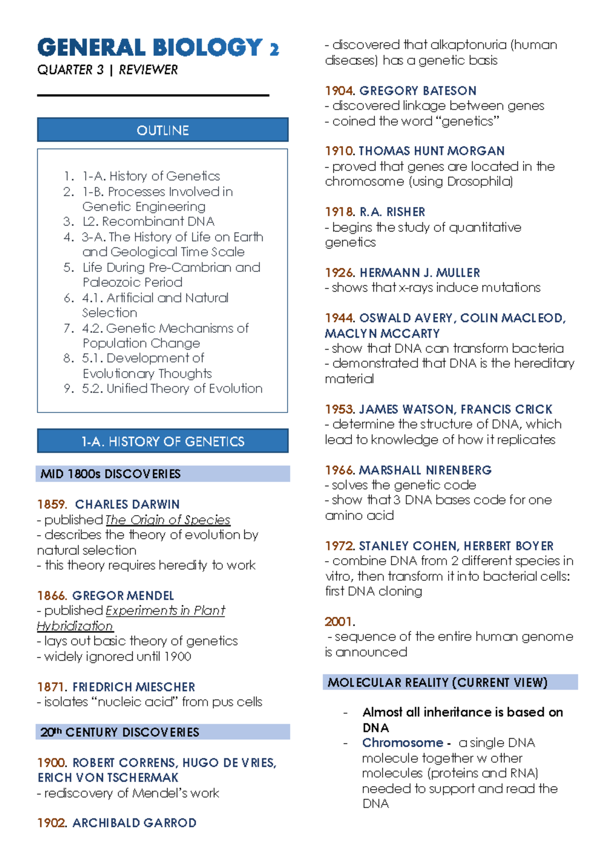 Genbio 2- Reviewer-1 (1) 2 - QUARTER 3 | REVIEWER MID 1800s DISCOVERIES ...