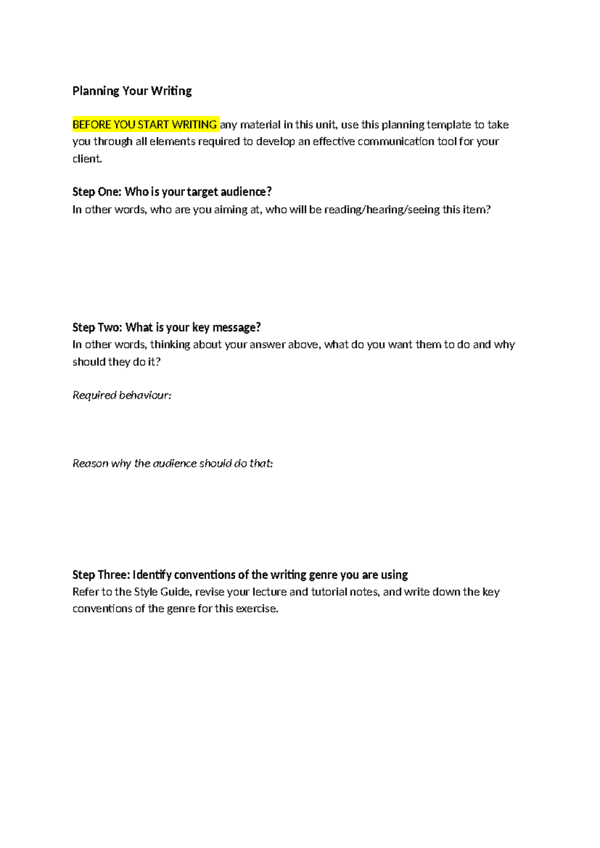 Planning Your Writing Backgrounder - Planning Your Writing BEFORE YOU ...