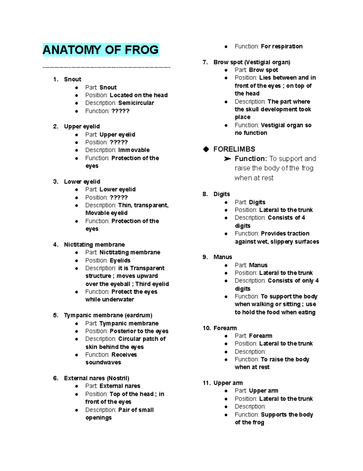 Anatomy OF FROG Google Docs - ANATOMY OF FROG - 1. Snout Part: Snout Position: Located on the ...