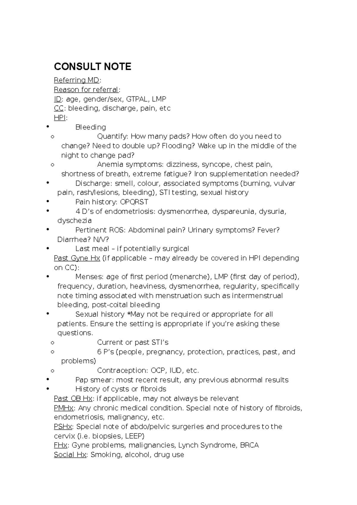 Gynae - notes - CONSULT NOTE Referring MD: Reason for referral: ID: age ...