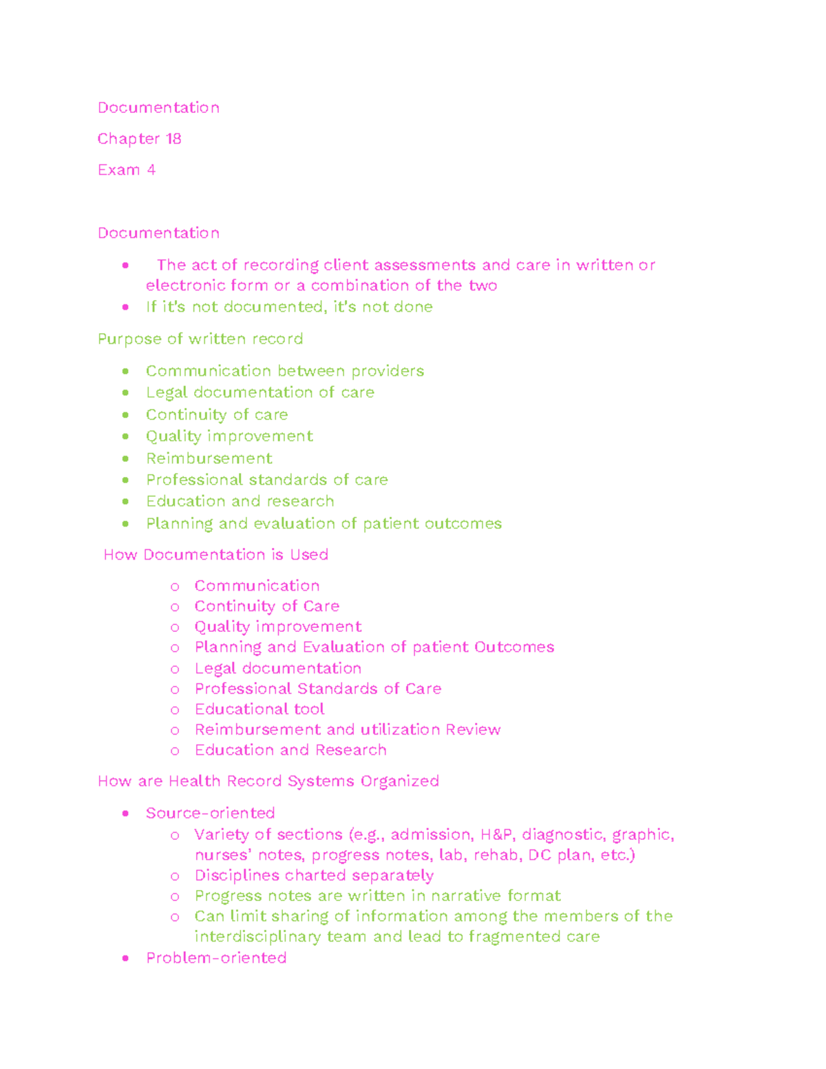 Nurs-101 Documentation exam 4 - Documentation Chapter 18 Exam 4 ...