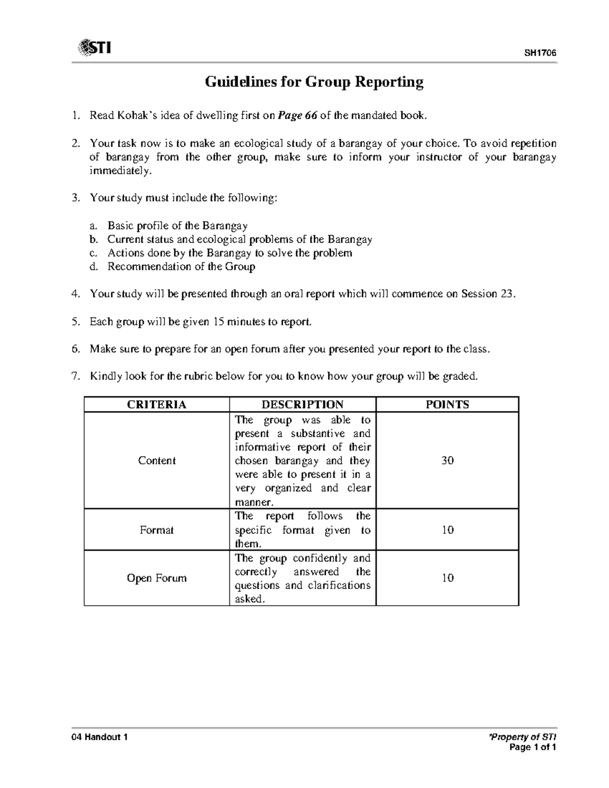 Guidelines for Group Reporting - SH 04 Handout 1 *Property of STI Page ...