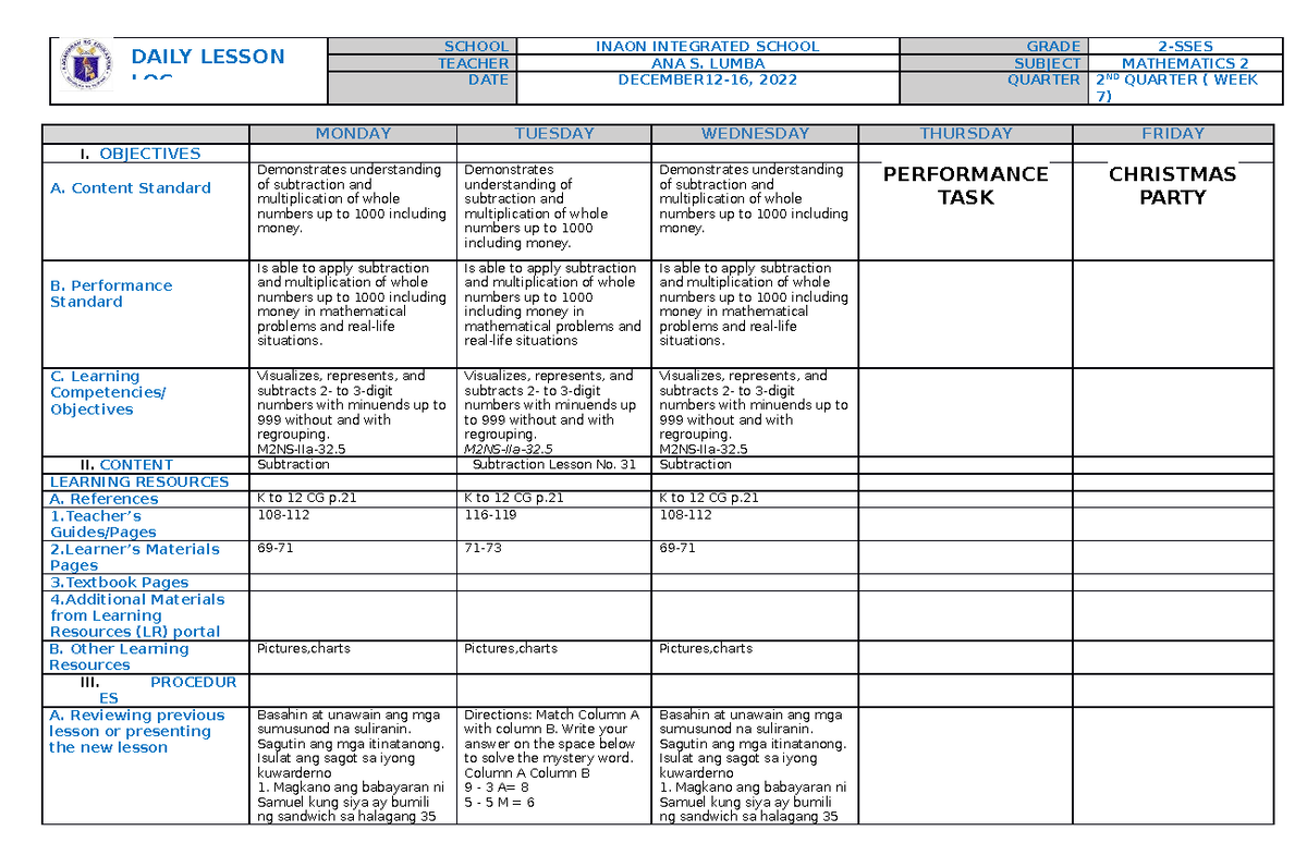 MATH WEEK 3 - Sample DLL - SCHOOL INAON INTEGRATED SCHOOL GRADE 2-SSES ...
