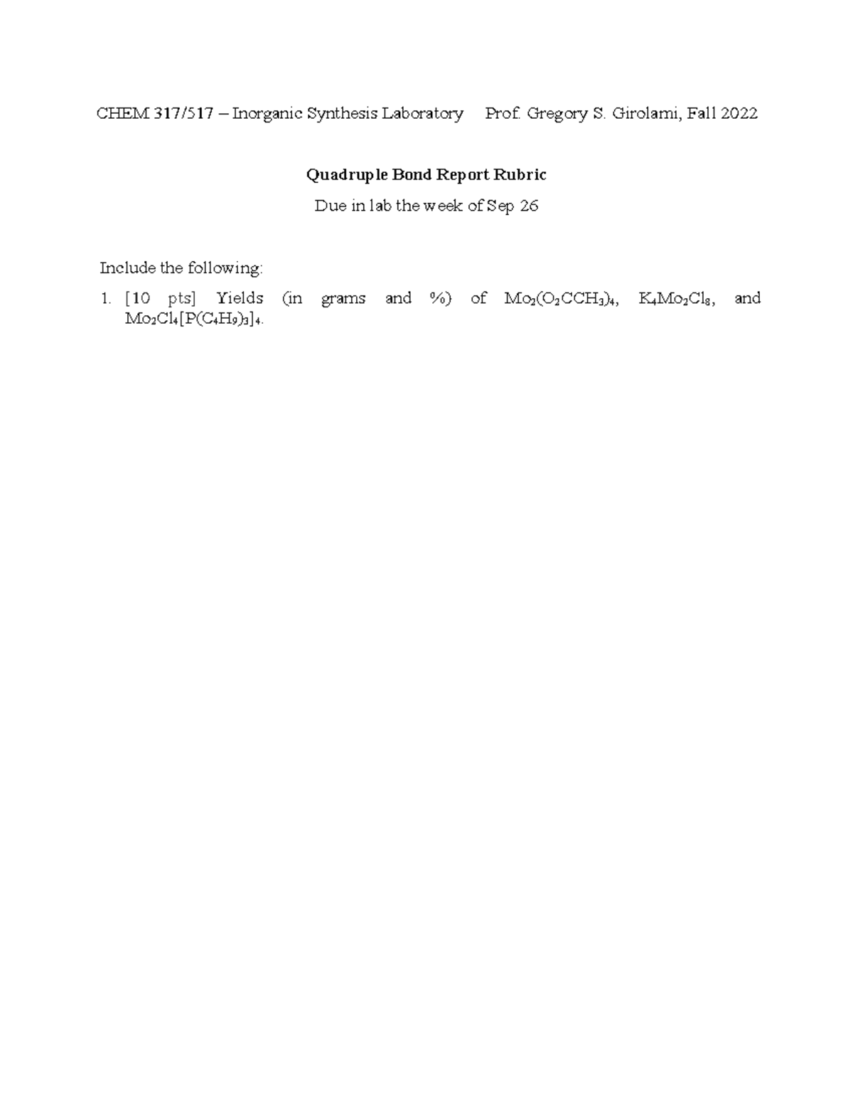Quadruple bond Report Rubric - CHEM 317/517 – Inorganic Synthesis ...