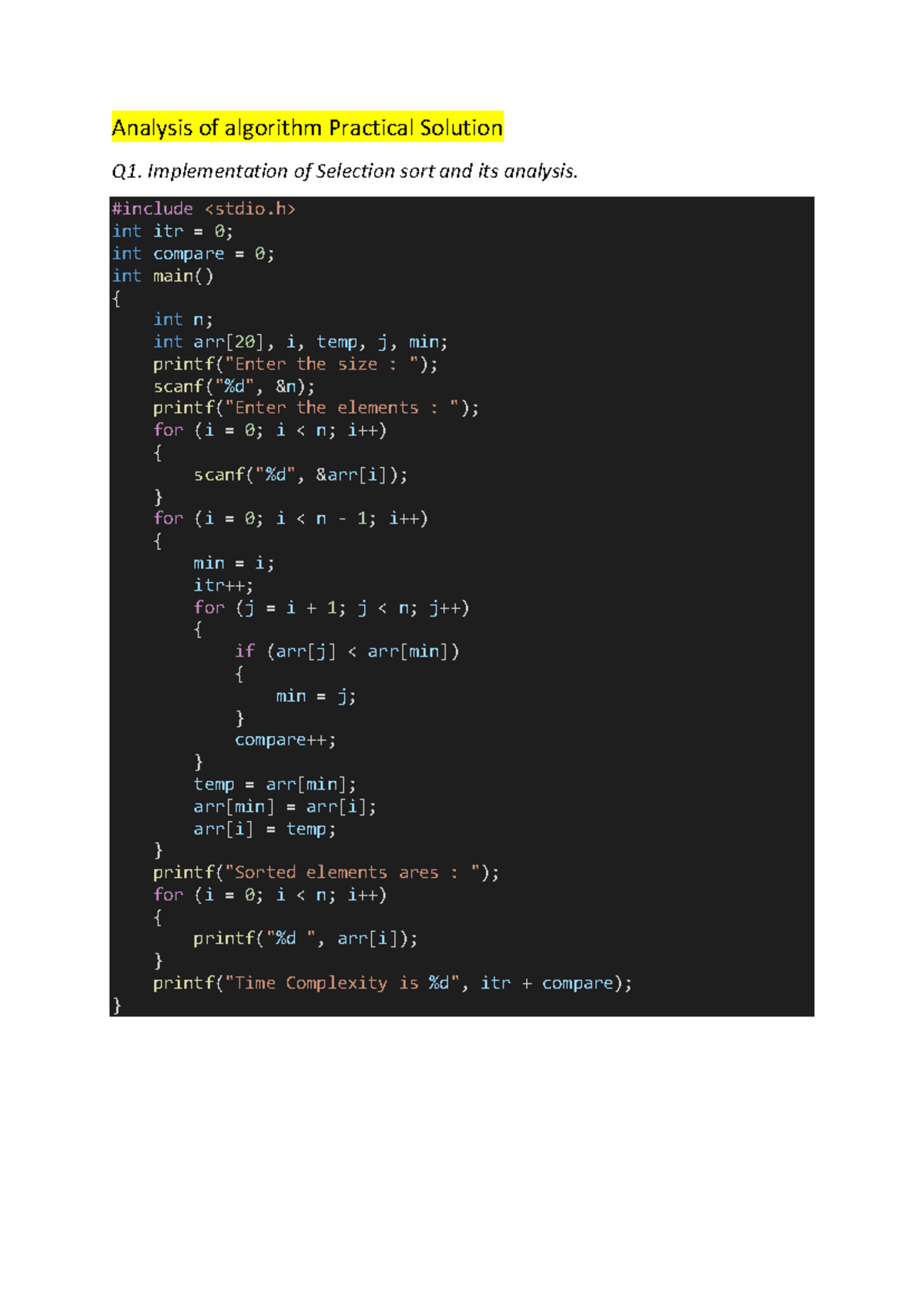 AOAPractical Solution - Analysis of algorithm Practical Solution Q1. Implementation of Selection ...