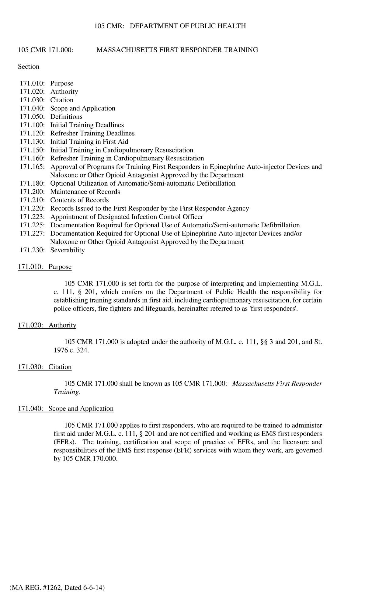 105CMR171 - Infection control info - 105 CMR 171: MASSACHUSETTS FIRST ...