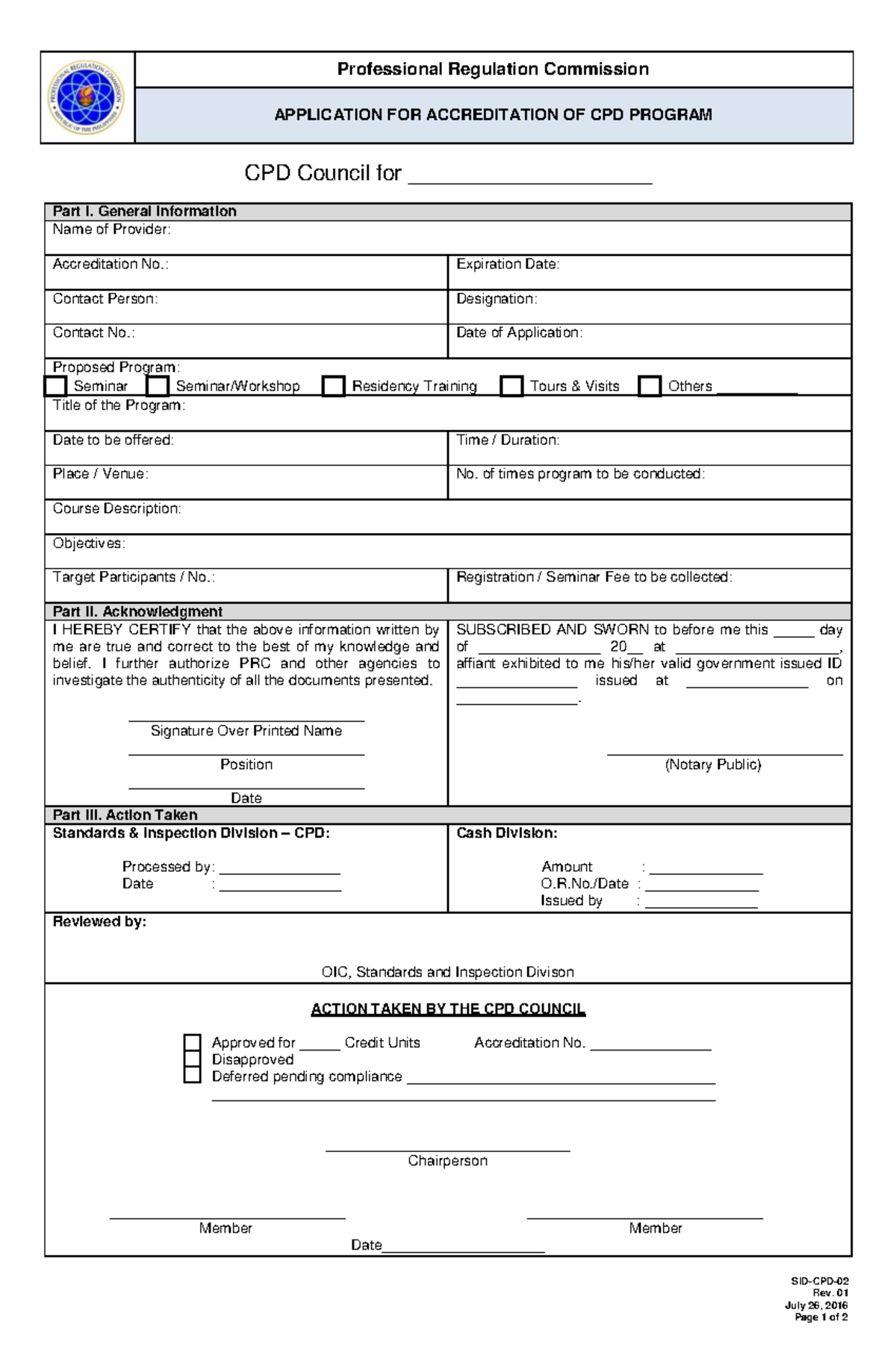 Application FOR Accreditation OF CPD Program FORM - SID-CPD- 02 Rev. 0 ...