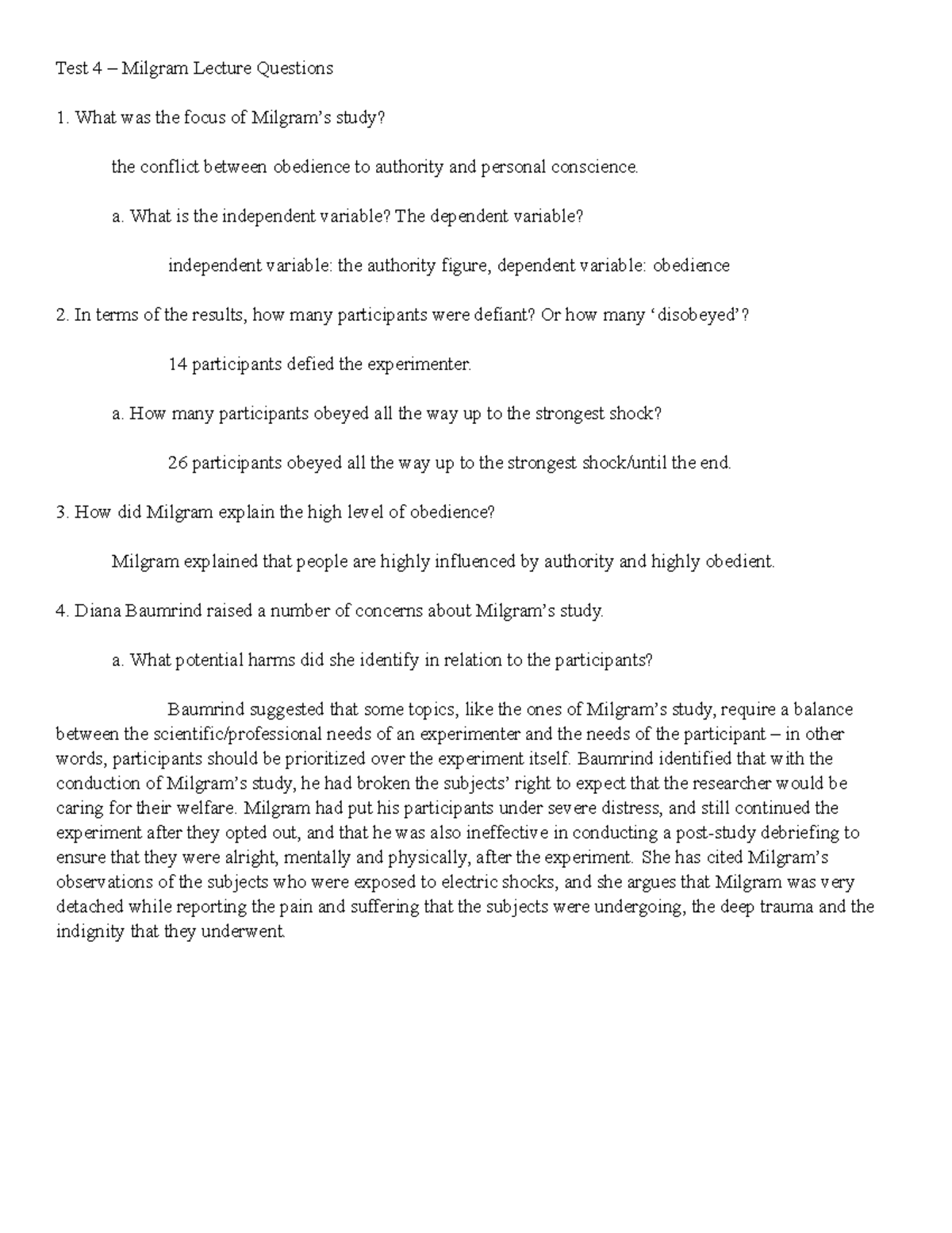 Test 4 - Milgram - Test 4 – Milgram Lecture Questions What was the ...