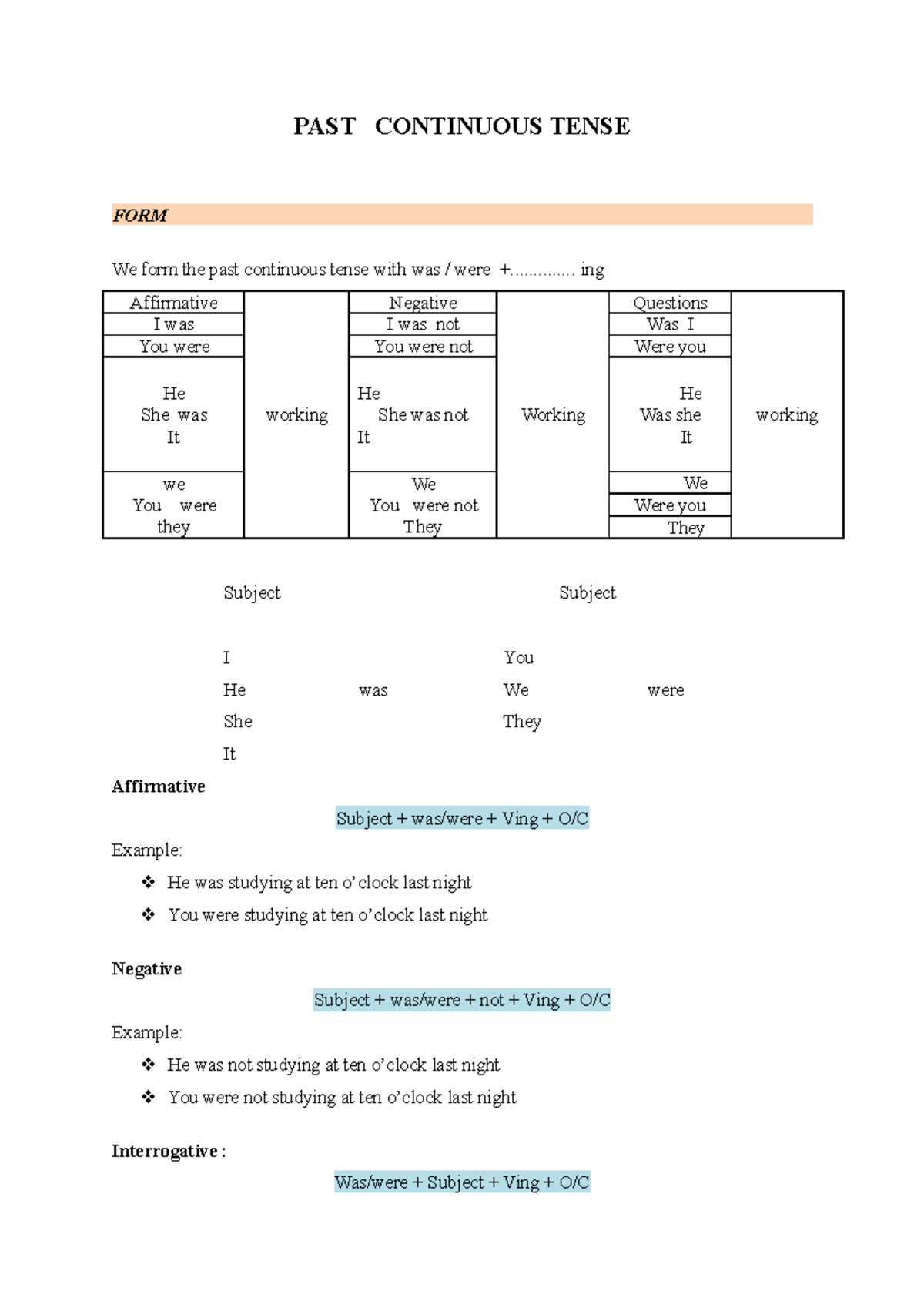 PAST Continuous Tense - pct - PAST CONTINUOUS TENSE FORM We form the ...
