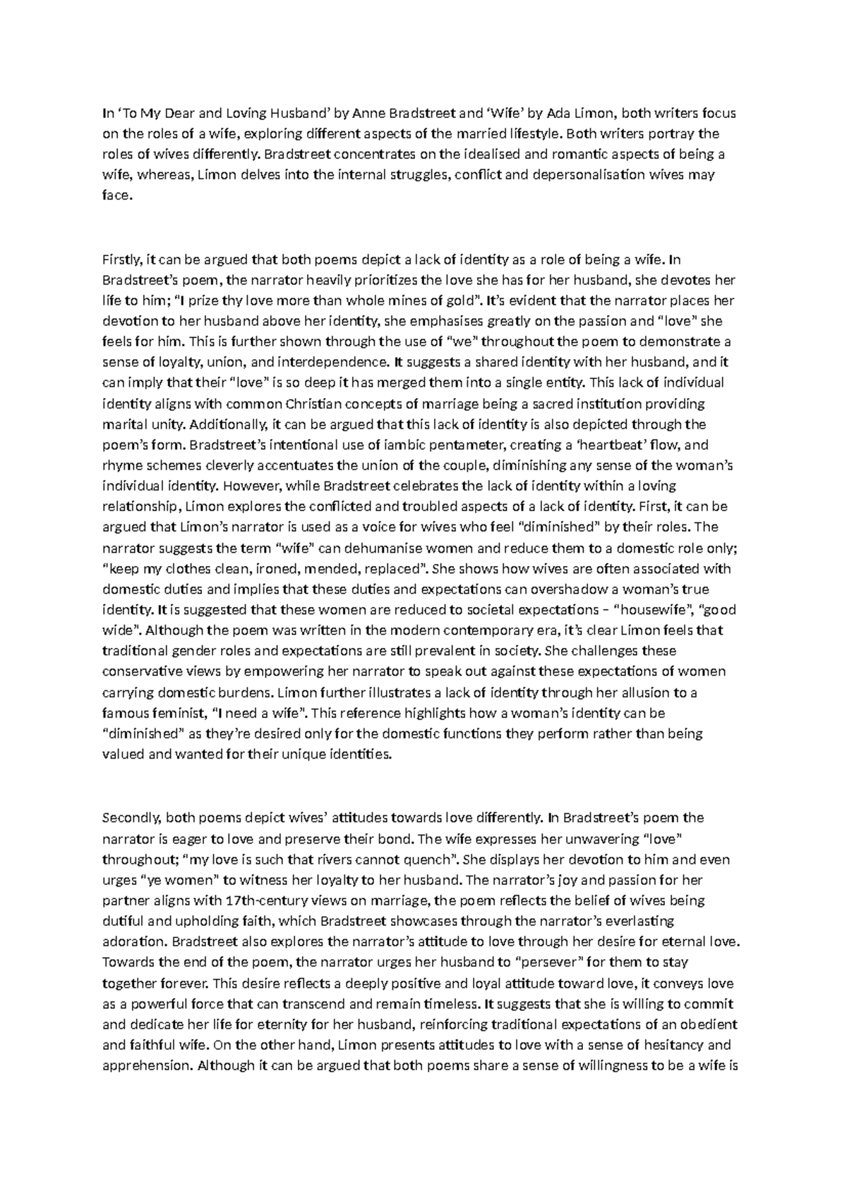 Comparing love poems - In ‘To My Dear and Loving Husband’ by Anne ...