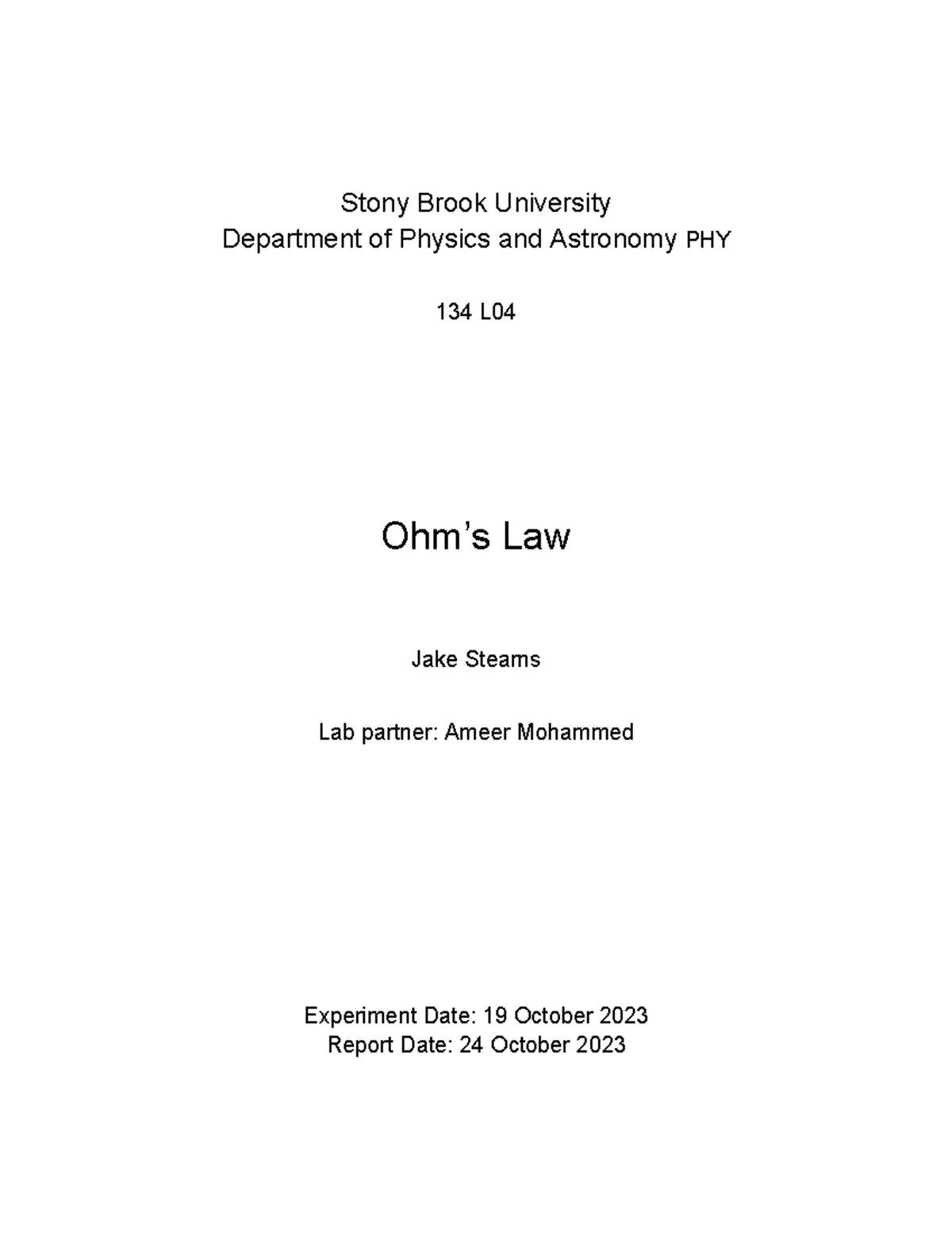 Ohm's Law Lab Report - Stony Brook University Department of Physics and ...
