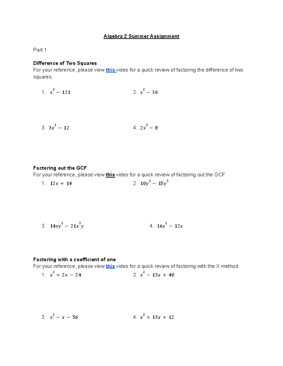 Algebra 2 Summer Assignment - Algebra 2 Summer Assignment Part 1 ...