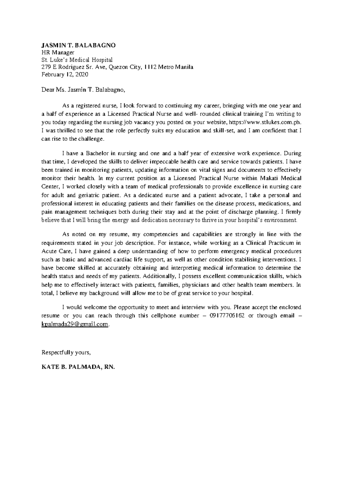 Application Letter and Resume Purcom - JASMIN T. BALABAGNO HR Manager St. Luke’s Medical ...