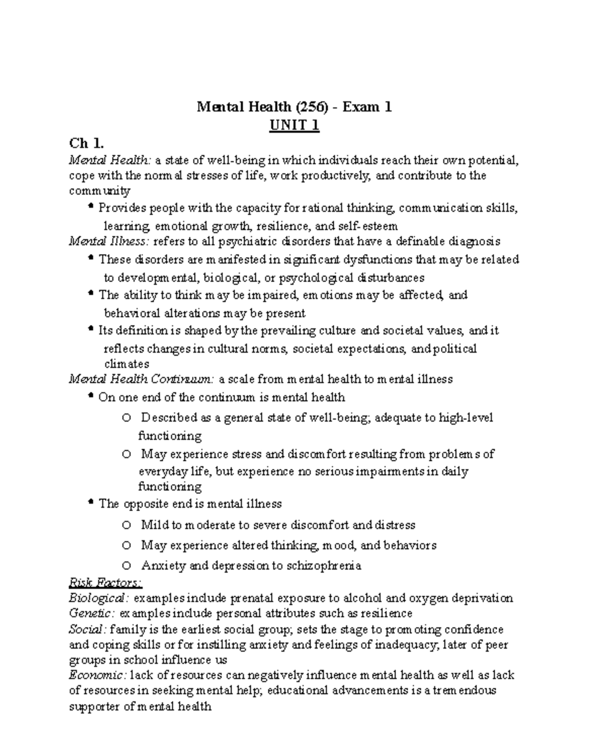 Mental Health (256) - Exam 1 - Mental Health (256) - Exam 1 UNIT 1 Ch 1 ...