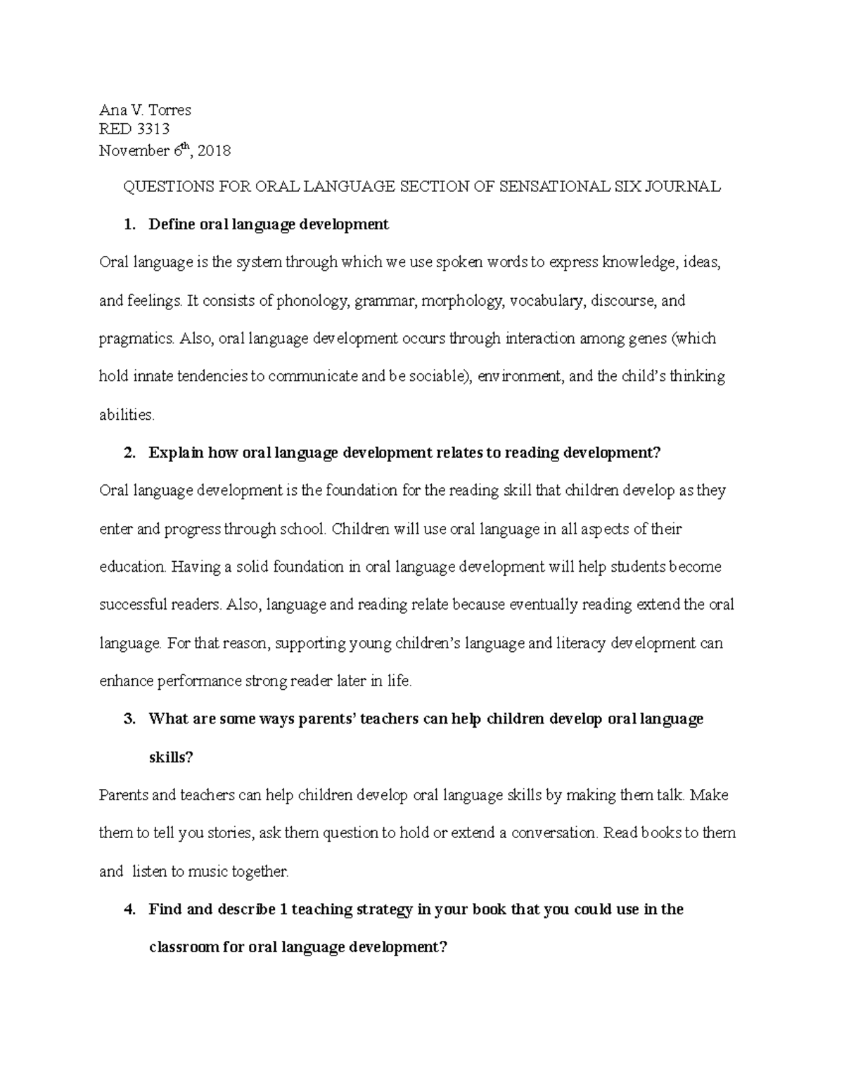 ORAL Language Section OF Sensational SIX Journal - Ana V. Torres RED ...