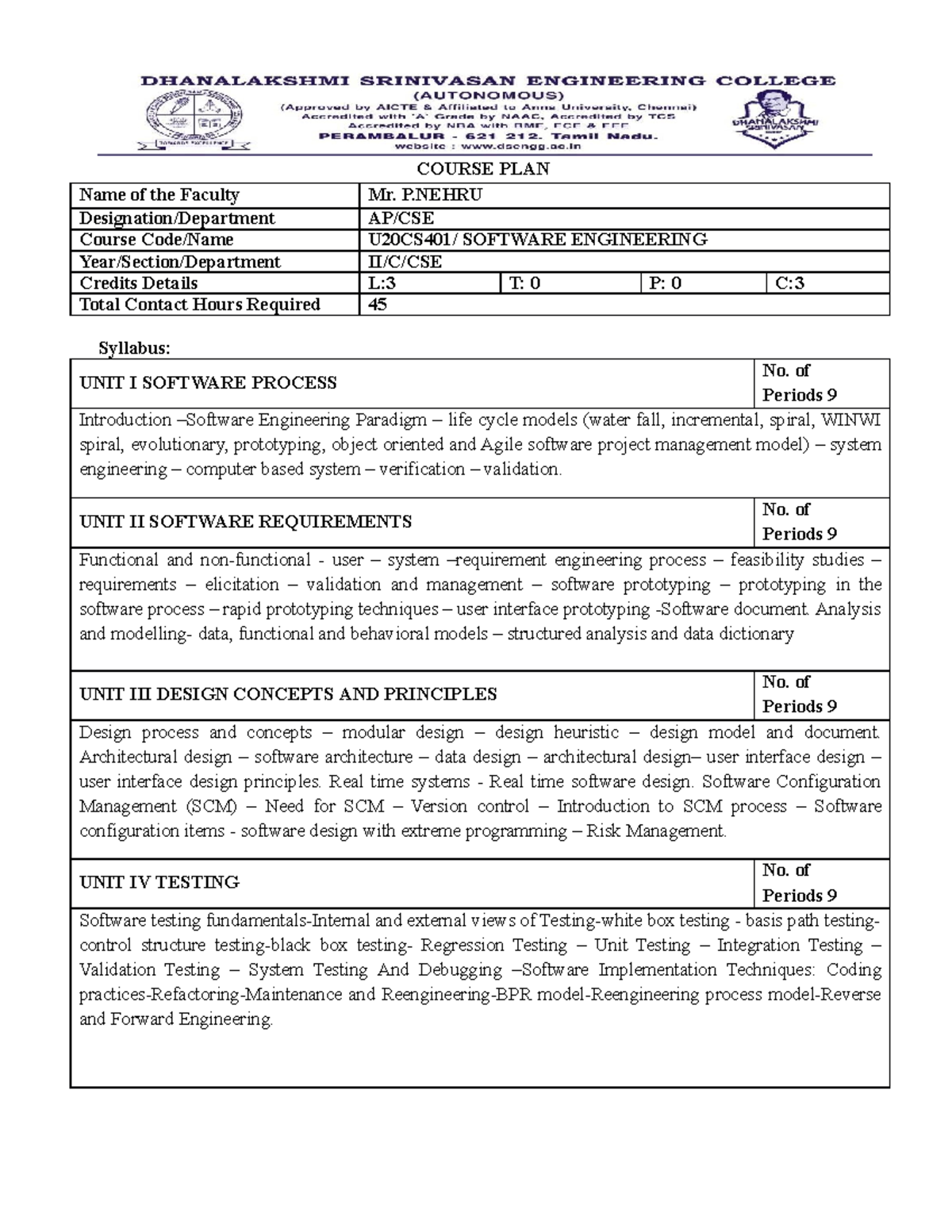 U20CS401 Software Engineering II - C - COURSE PLAN Name of the Faculty ...