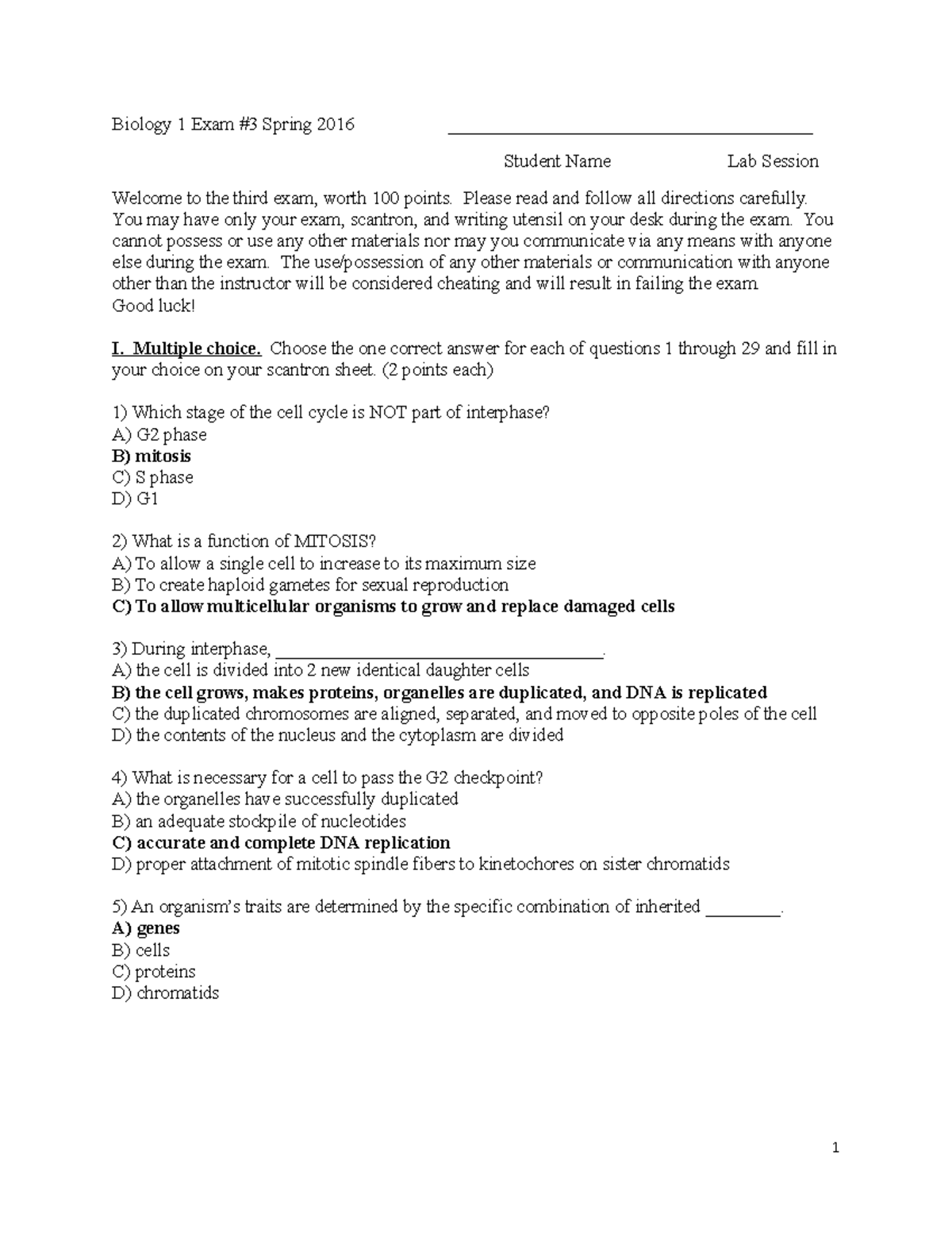 Answer Key Biology 1 Exam 3 Spring 2016 - Biology 1 Exam #3 Spring 2016 ...