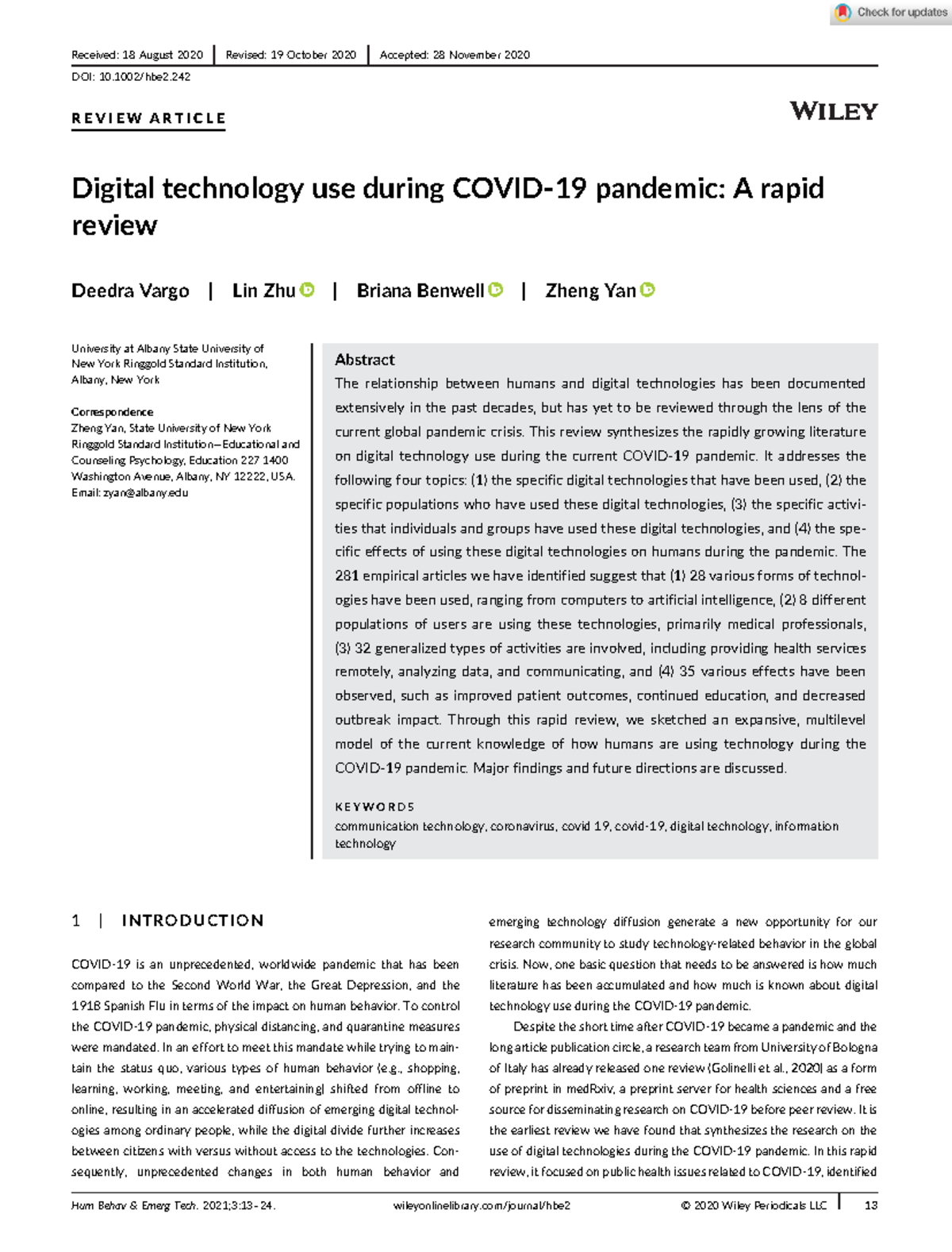 Human Behav and Emerg Tech - 2021 - Vargo - R E V I E W A R T I C L E Digital technology use ...